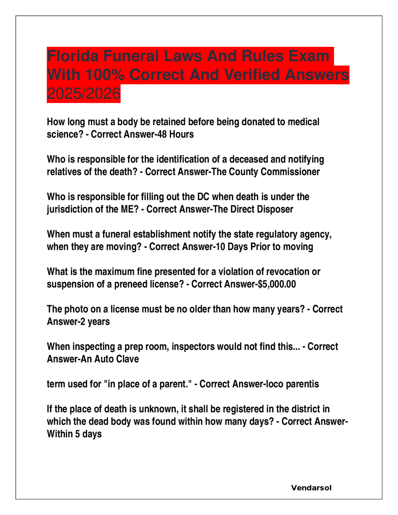 Florida Funeral Laws And Rules Exam With 100% Correct And Verified ...