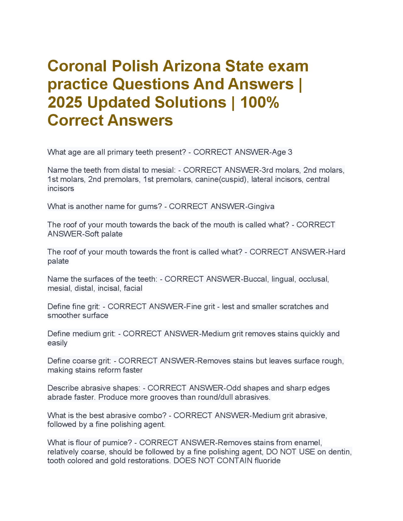 Coronal Polish Arizona State exam practice Questions And Answers | 2025 ...