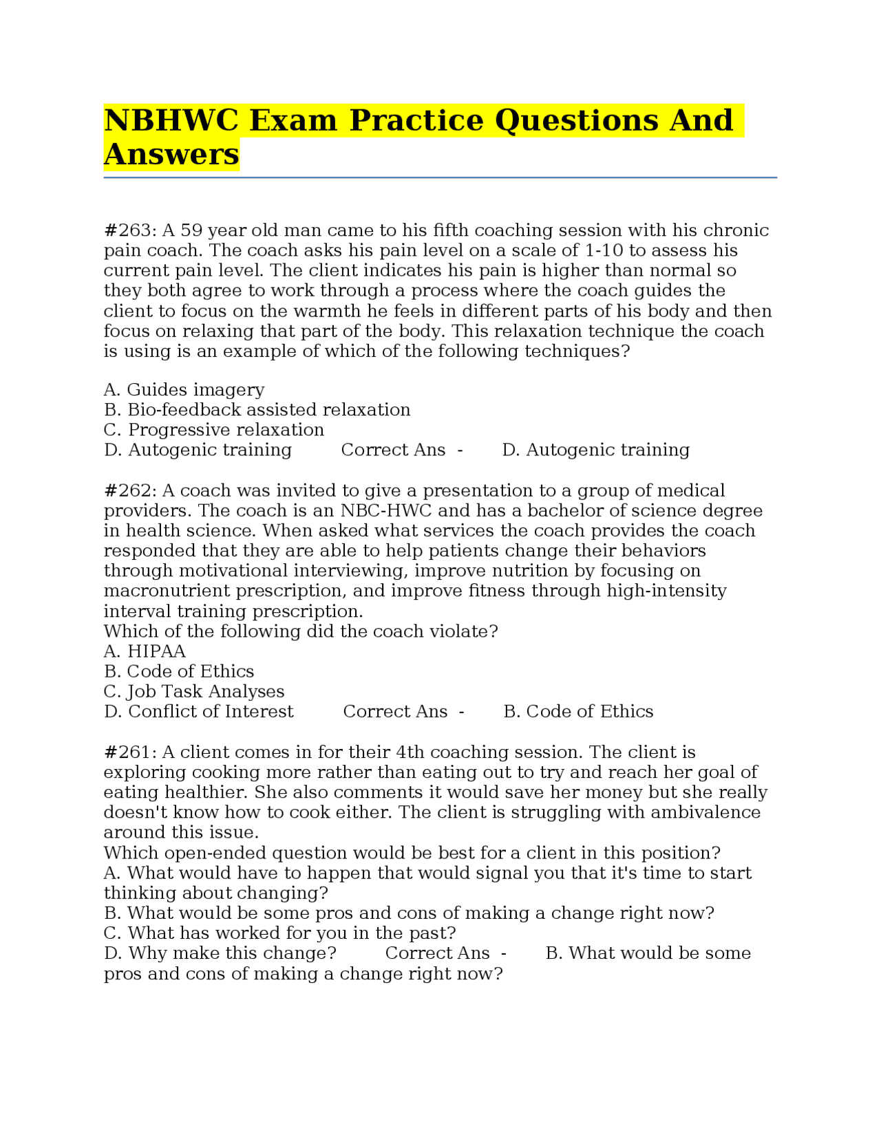 NBHWC Exam Practice Questions And Answers | Exams Public Health | Docsity