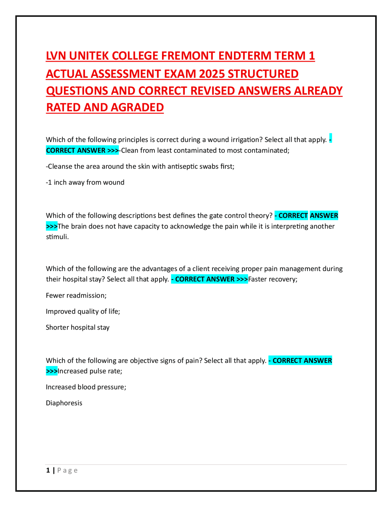 LVN UNITEK COLLEGE FREMONT ENDTERM TERM 1 ACTUAL ASSESSMENT EXAM 2025 ...