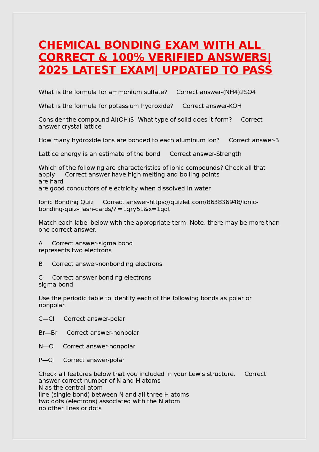 CHEMICAL BONDING EXAM WITH ALL CORRECT & 100% VERIFIED ANSWERS|2025 ...
