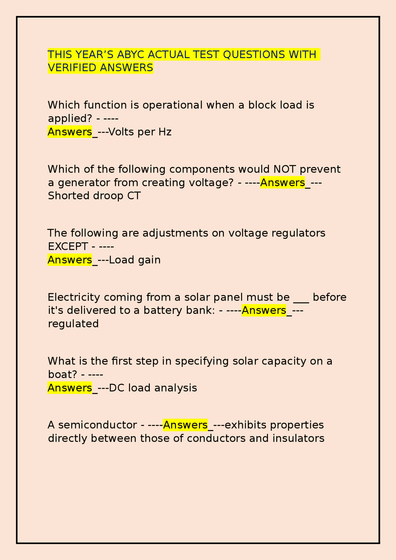 THIS YEAR’S ABYC ACTUAL TEST QUESTIONS WITH VERIFIED ANSWERS | Exams ...