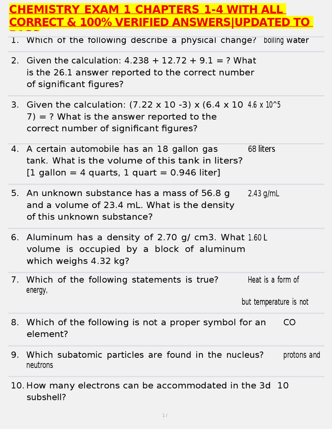 CHEMISTRY EXAM 1 CHAPTERS 1-4 WITH ALL CORRECT & 100% VERIFIED ANSWERS ...