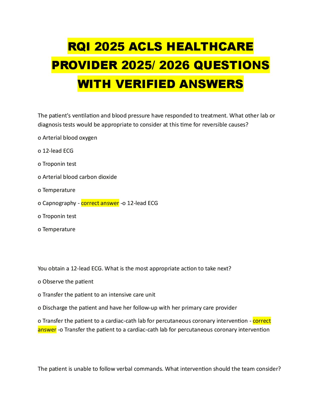 RQI 2025 ACLS HEALTHCARE PROVIDER 2025/ 2026 QUESTIONS WITH VERIFIED ...