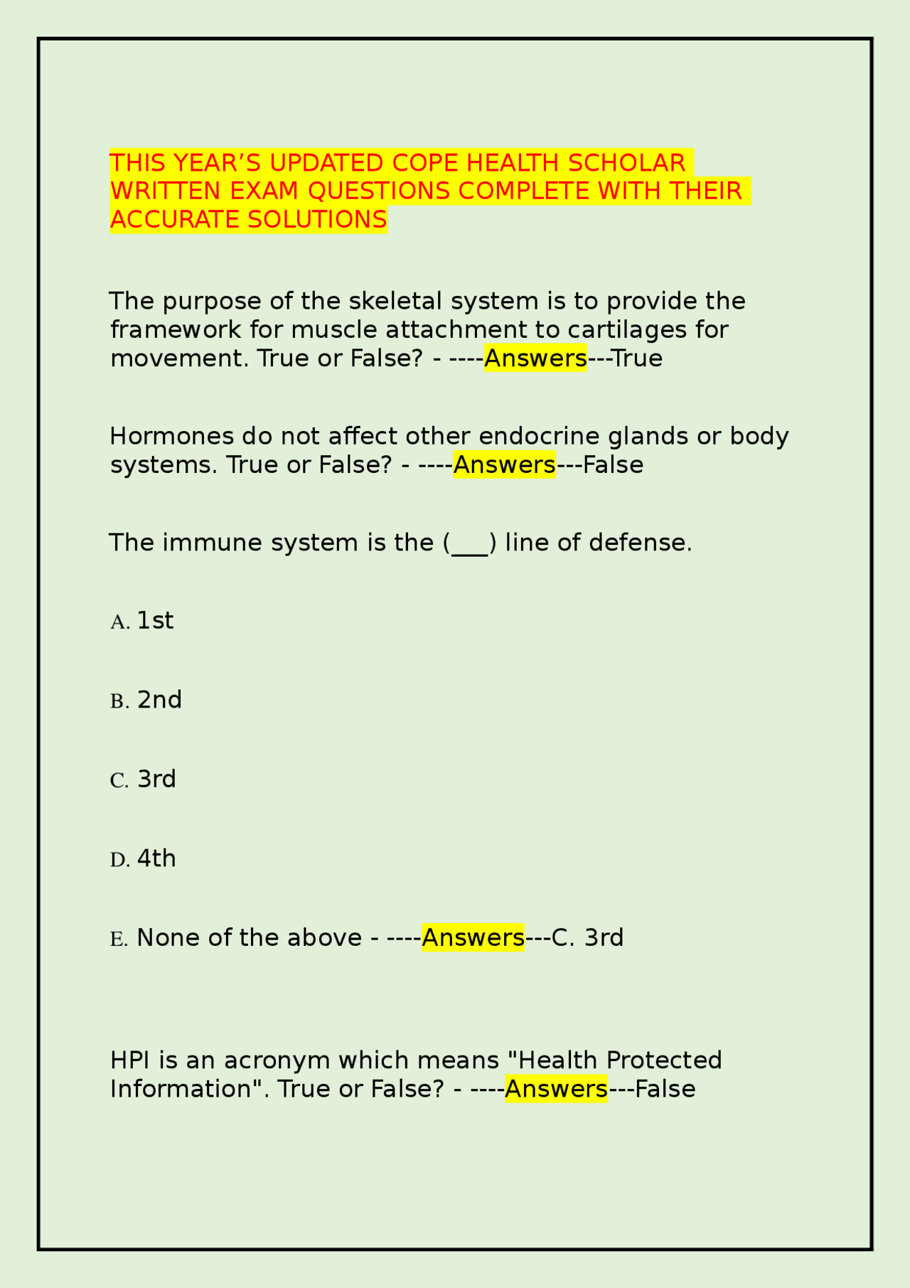 THIS YEAR’S UPDATED COPE HEALTH SCHOLAR WRITTEN EXAM QUESTIONS COMPLETE ...