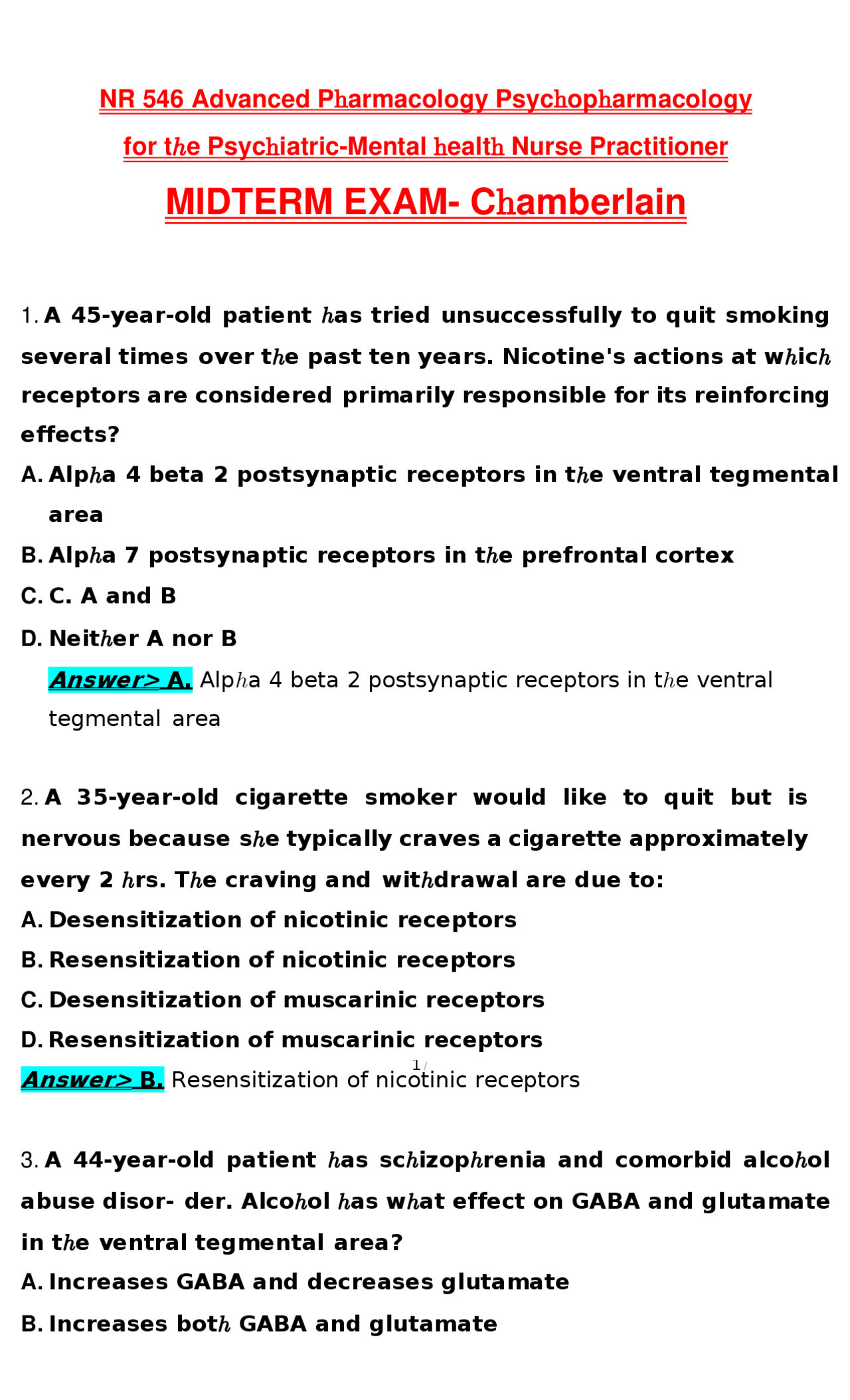 NR 546 Advanced Pharmacology Psychopharmacology Midterm Exam ...