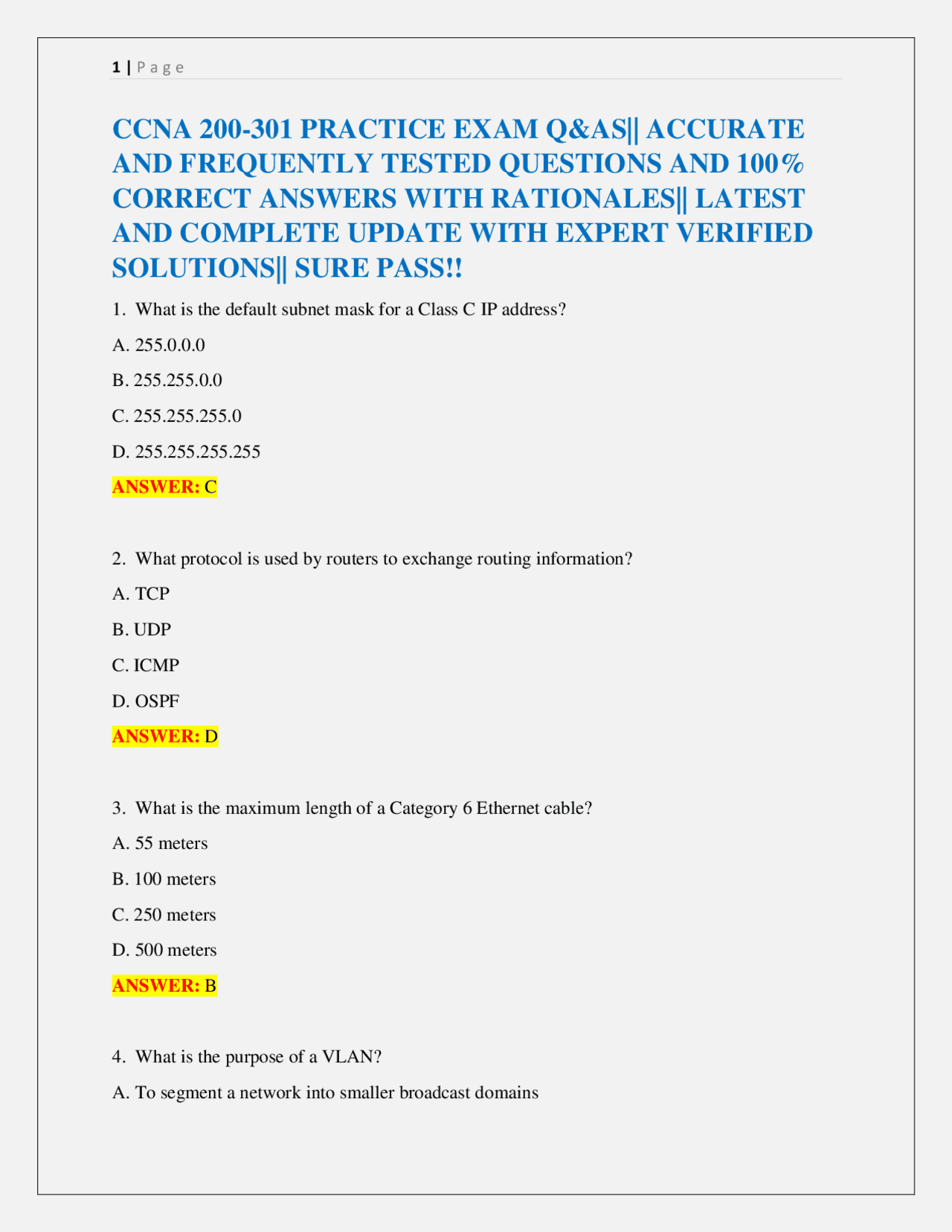 CCNA 200-301 PRACTICE EXAM Q&AS|| ACCURATE AND FREQUENTLY TESTED ...