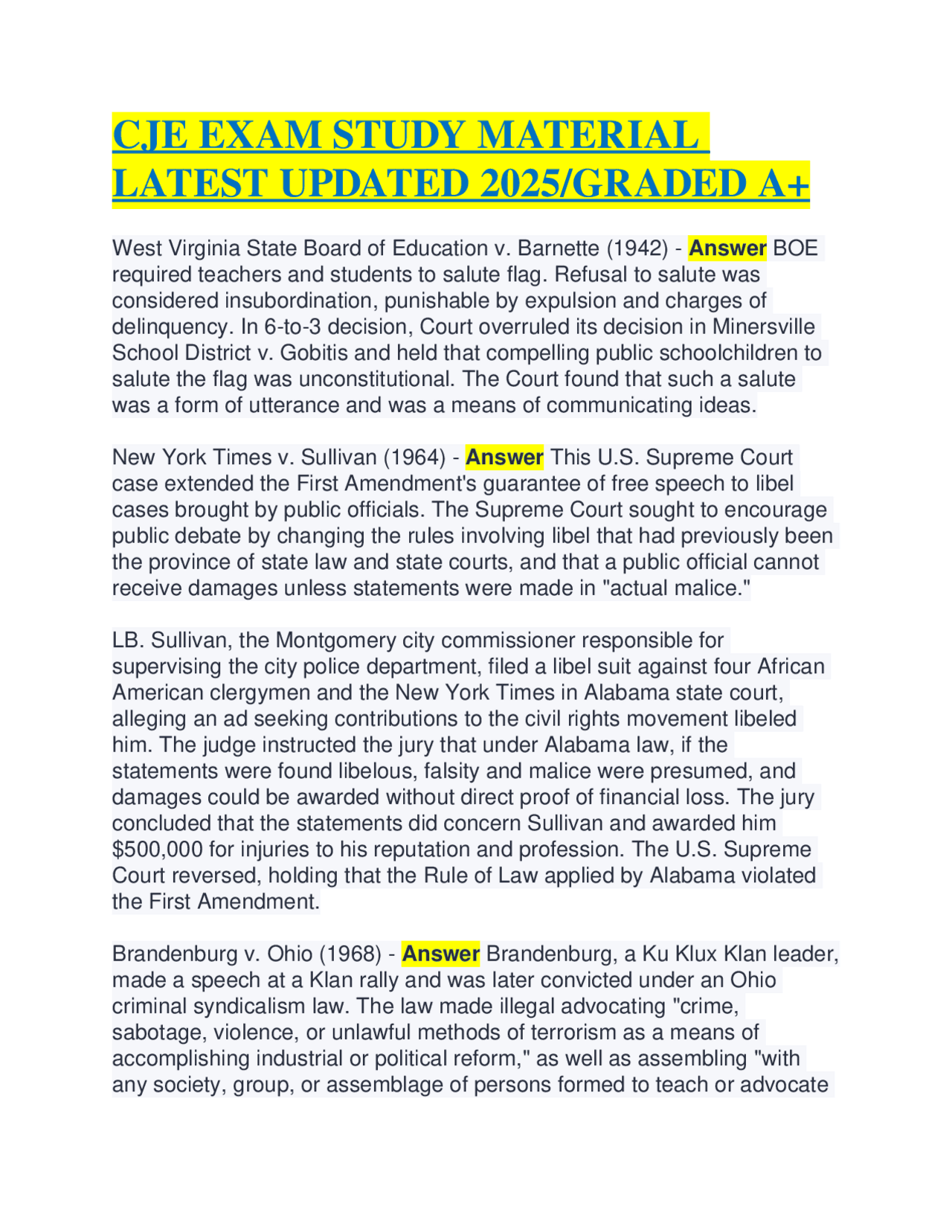 First Amendment Supreme Court Cases: CJE Exam Study Guide | Exams Legal ...