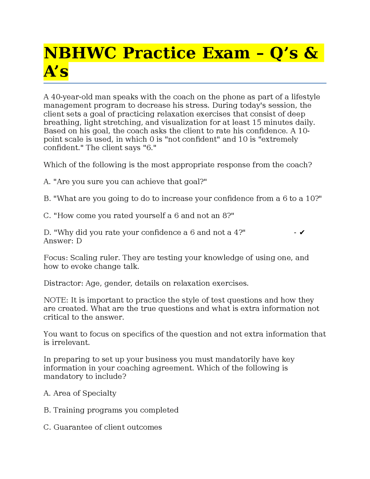 NBHWC Practice Exam – Q’s & A’s | Exams Public Health | Docsity