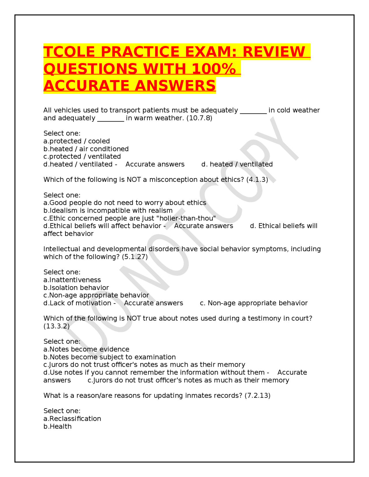 TCOLE PRACTICE EXAM: REVIEW QUESTIONS WITH 100% ACCURATE ANSWERS ...