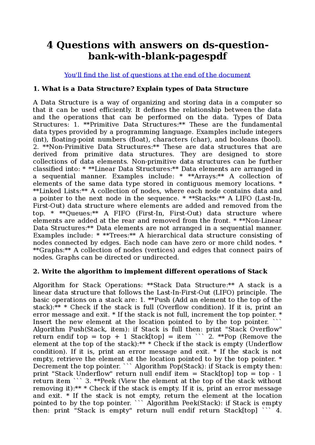 Questions and answers, Data Structures and Algorithms Question Bank | Exercises Data Structures ...