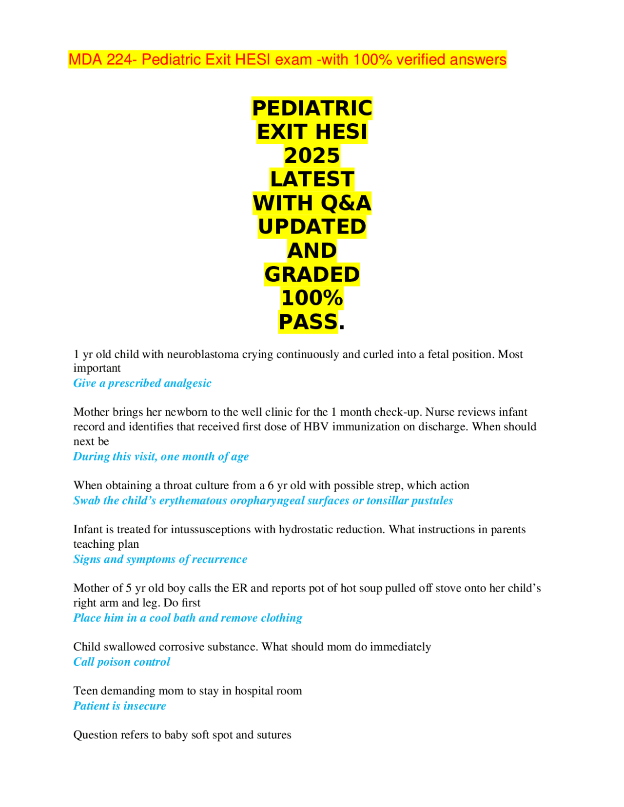 PEDIATRIC EXIT HESI 2025 LATEST WITH Q&A UPDATED AND GRADED 100% PASS ...