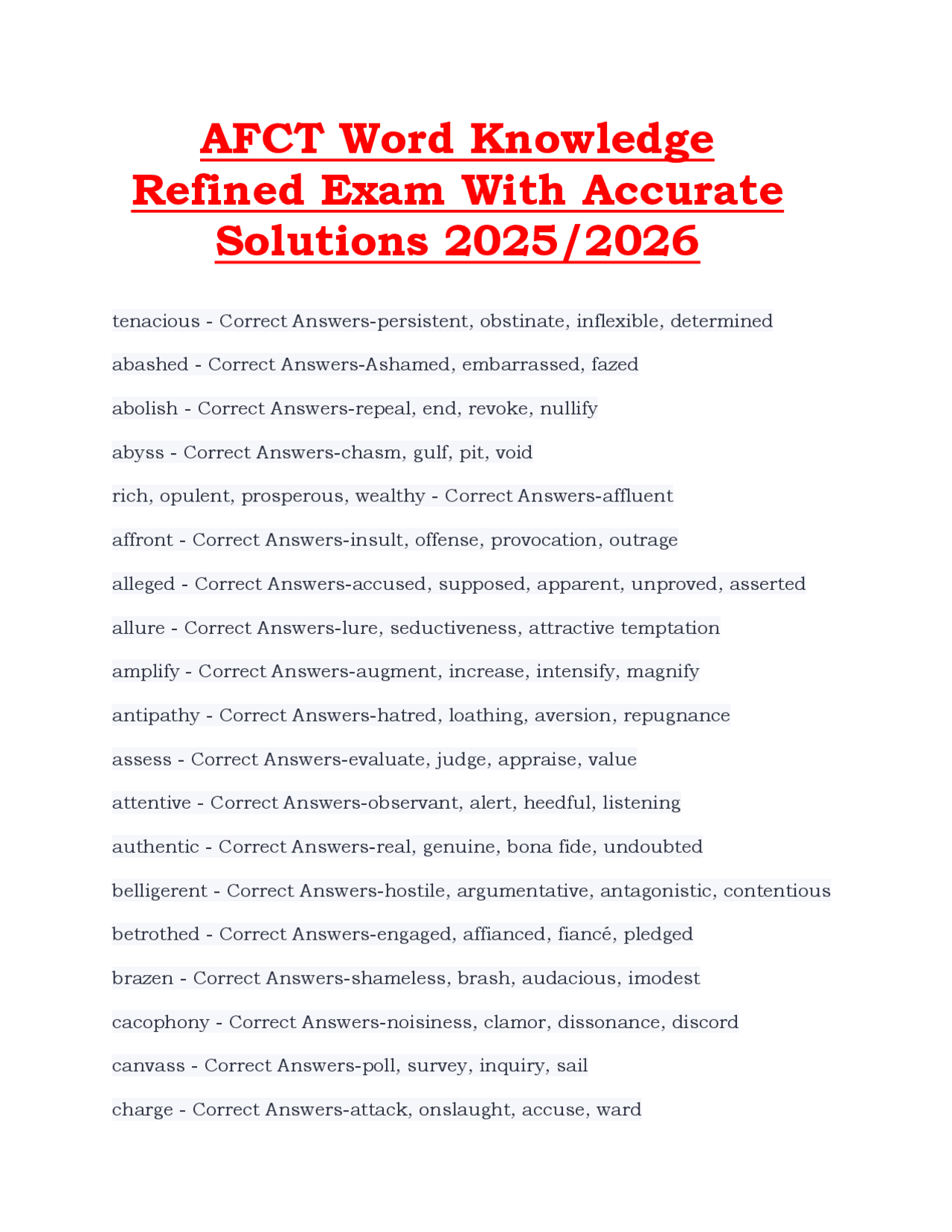 AFCT Word Knowledge Refined Exam 2025/2026 – Accurate Solutions | Exams ...