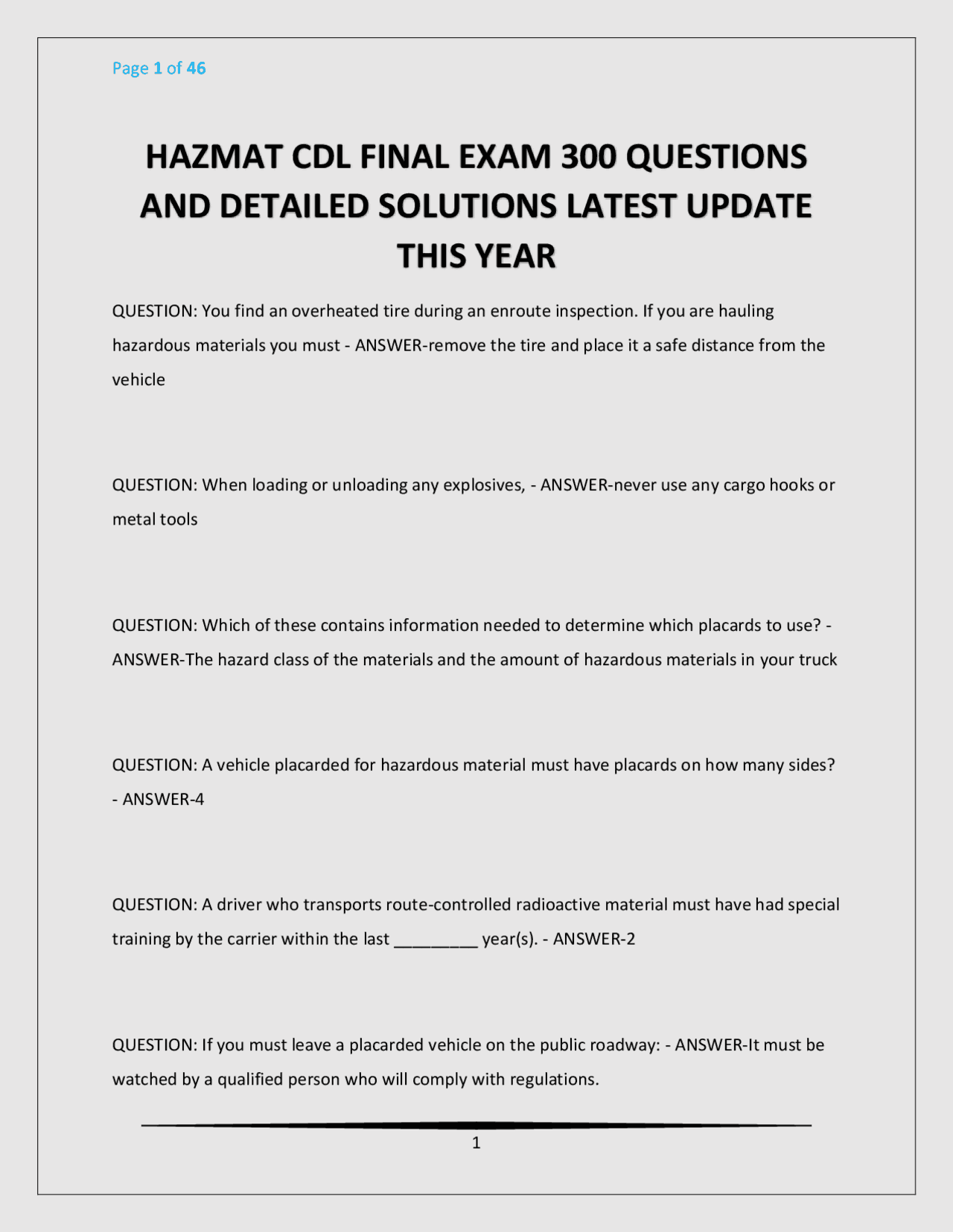 HAZMAT CDL FINAL EXAM 300 QUESTIONS AND DETAILED SOLUTIONS LATEST ...