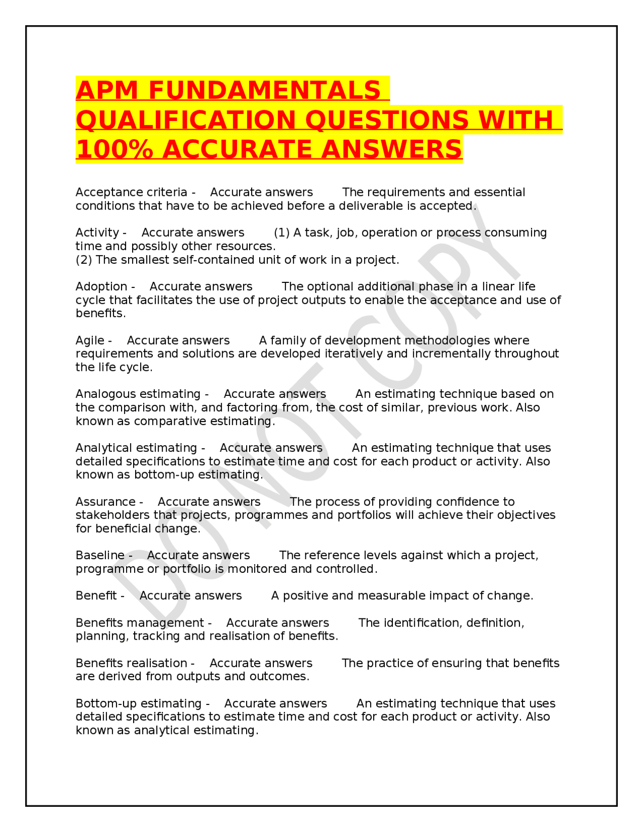 APM FUNDAMENTALS QUALIFICATION QUESTIONS WITH 100% ACCURATE ANSWERS ...