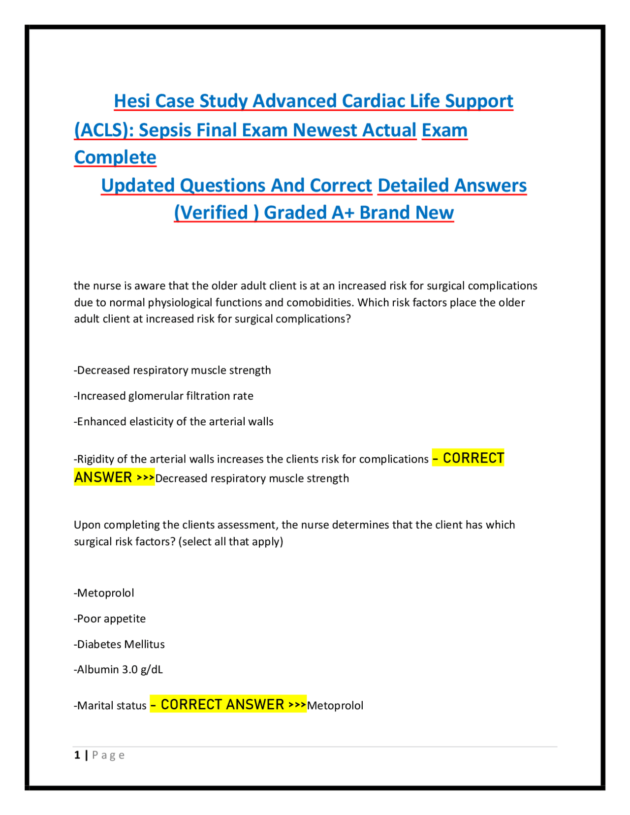 ACLS Sepsis Exam: Advanced Cardiac Life Support Questions and Answers ...