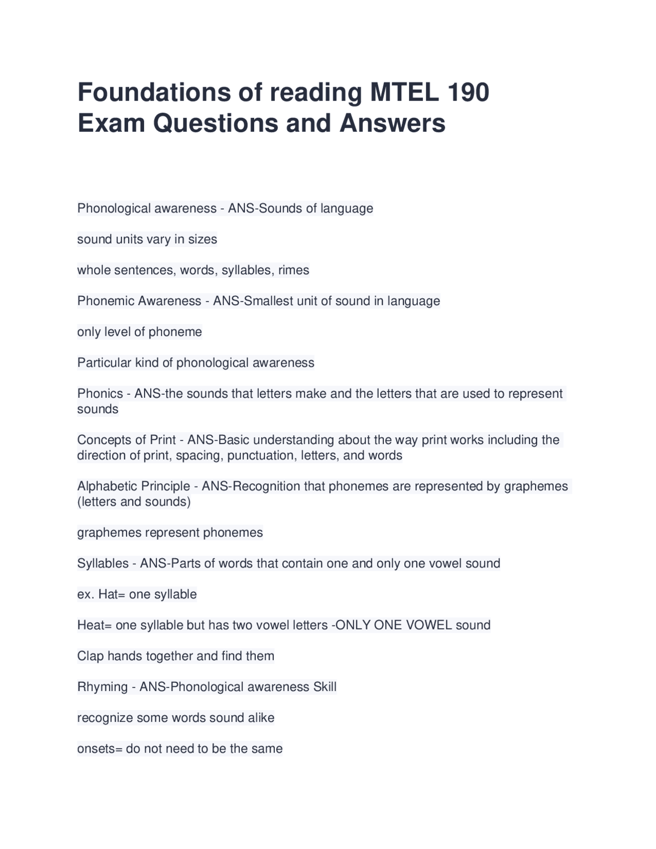 Foundations of reading MTEL 190 Exam Questions and Answers | Exams ...
