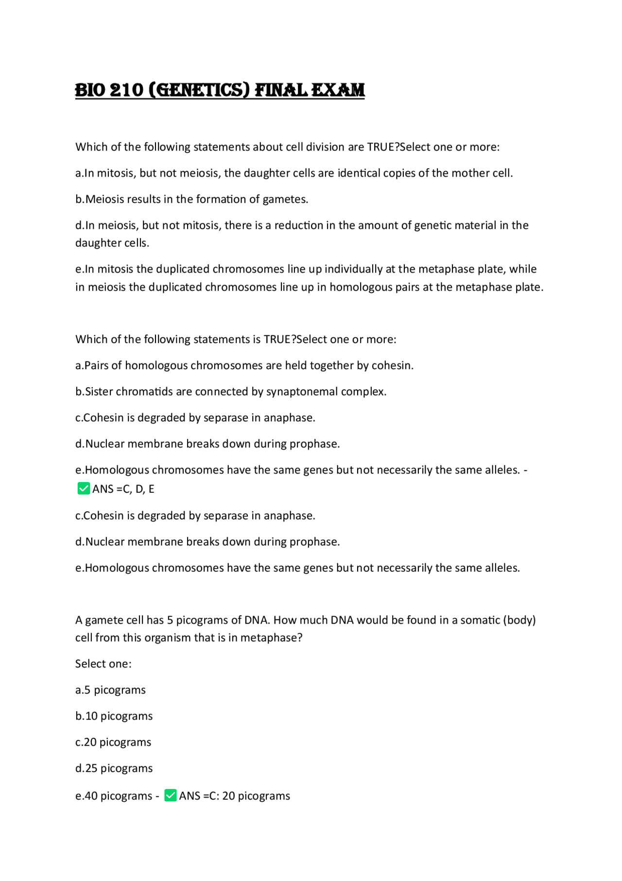 Genetics Final Exam: Cell Division and Mendelian Genetics | Exams ...