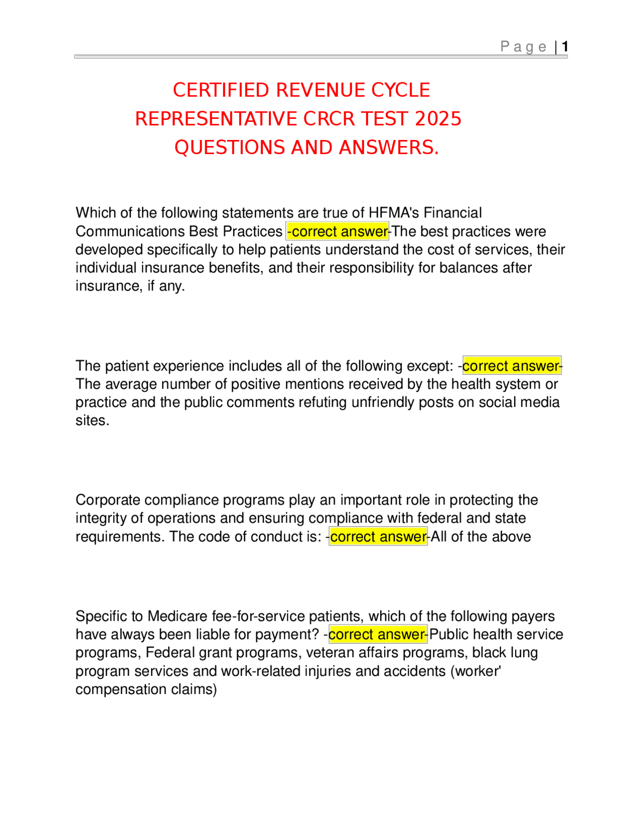 CERTIFIED REVENUE CYCLE REPRESENTATIVE CRCR TEST 2025 QUESTIONS AND ...