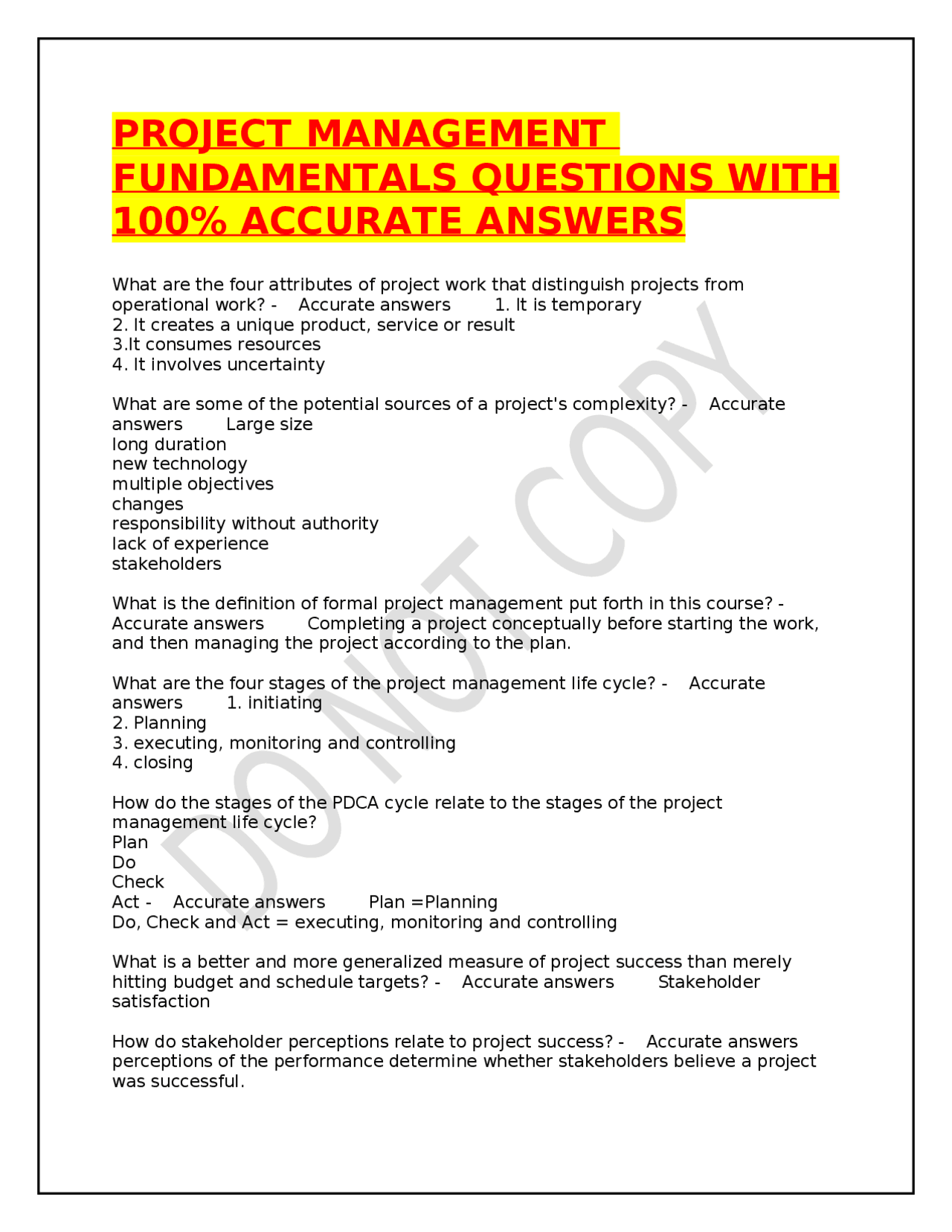 PROJECT MANAGEMENT FUNDAMENTALS QUESTIONS WITH 100% ACCURATE ANSWERS | Exams Project Management ...