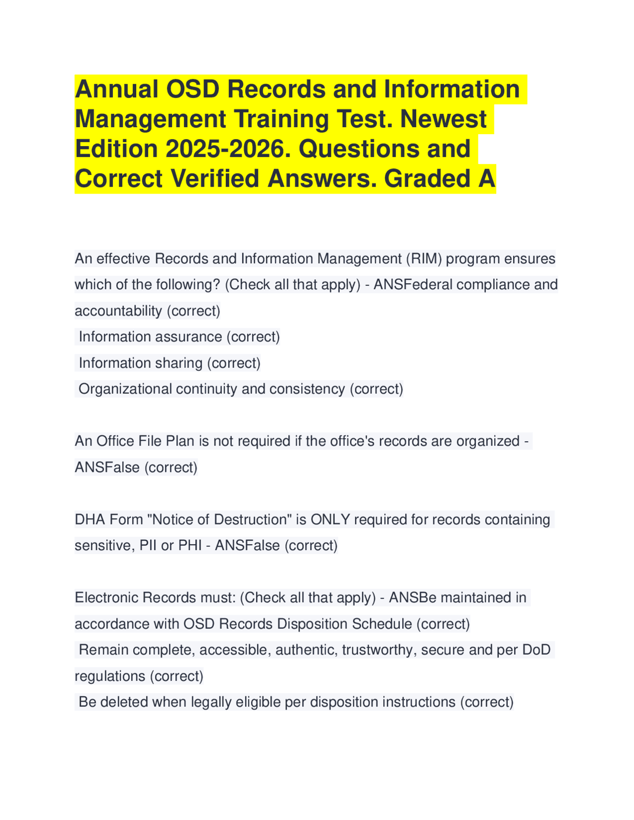 Annual OSD Records and Information Management Training Test. Newest ...