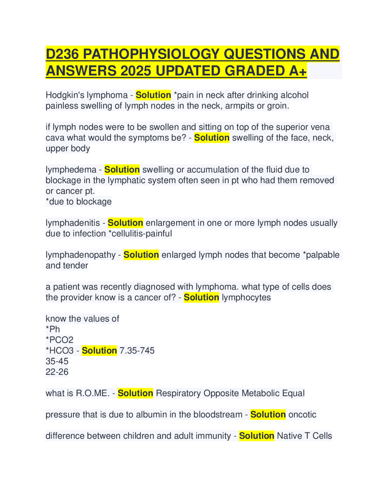 D236 PATHOPHYSIOLOGY QUESTIONS AND ANSWERS 2025 UPDATED GRADED A+ ...