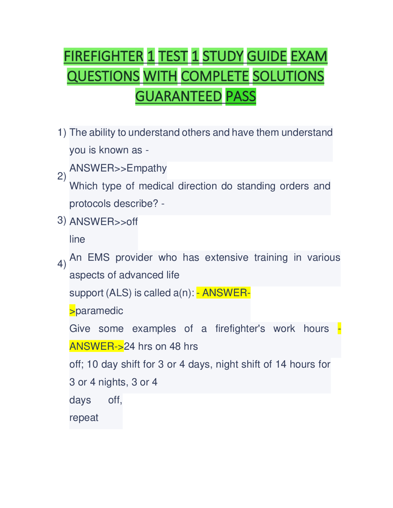 FIREFIGHTER 1 TEST 1 STUDY GUIDE EXAM QUESTIONS WITH COMPLETE SOLUTIONS ...