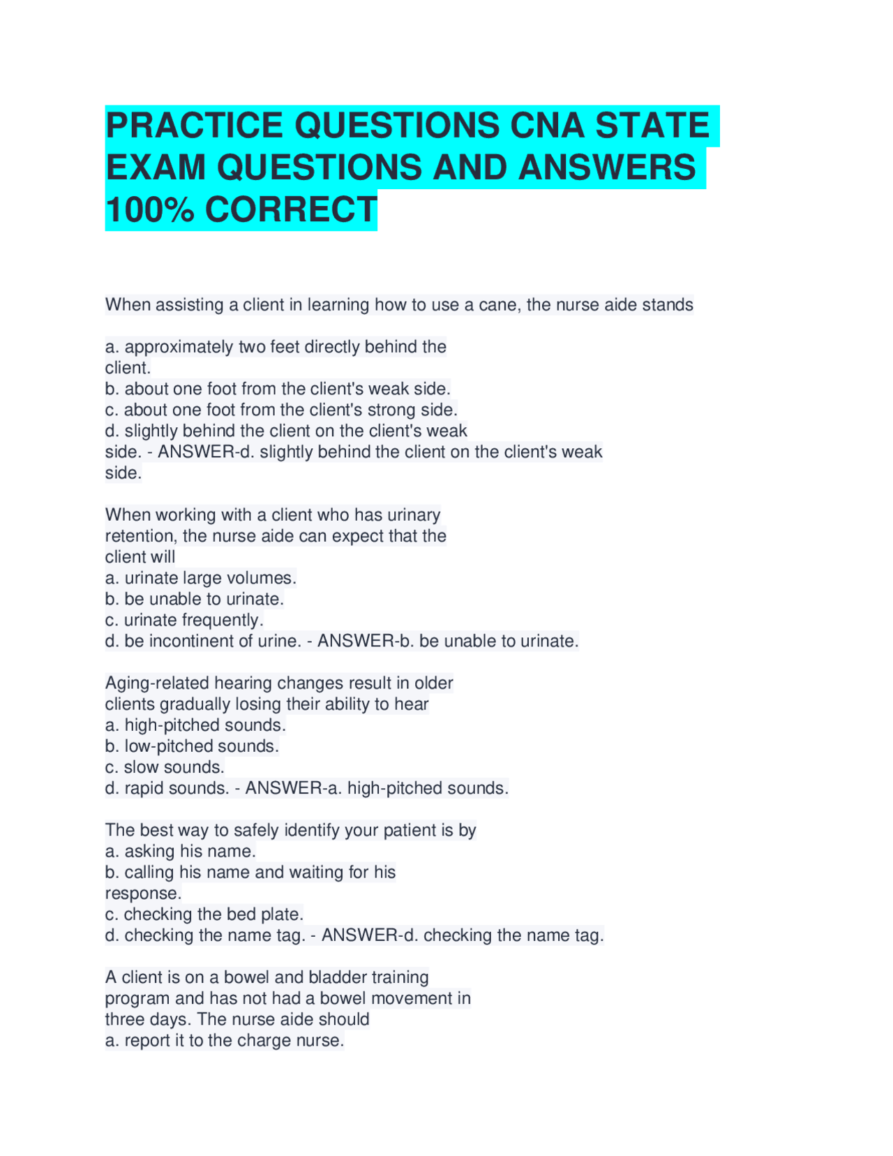 PRACTICE QUESTIONS CNA STATE EXAM QUESTIONS AND ANSWERS 100% CORRECT ...