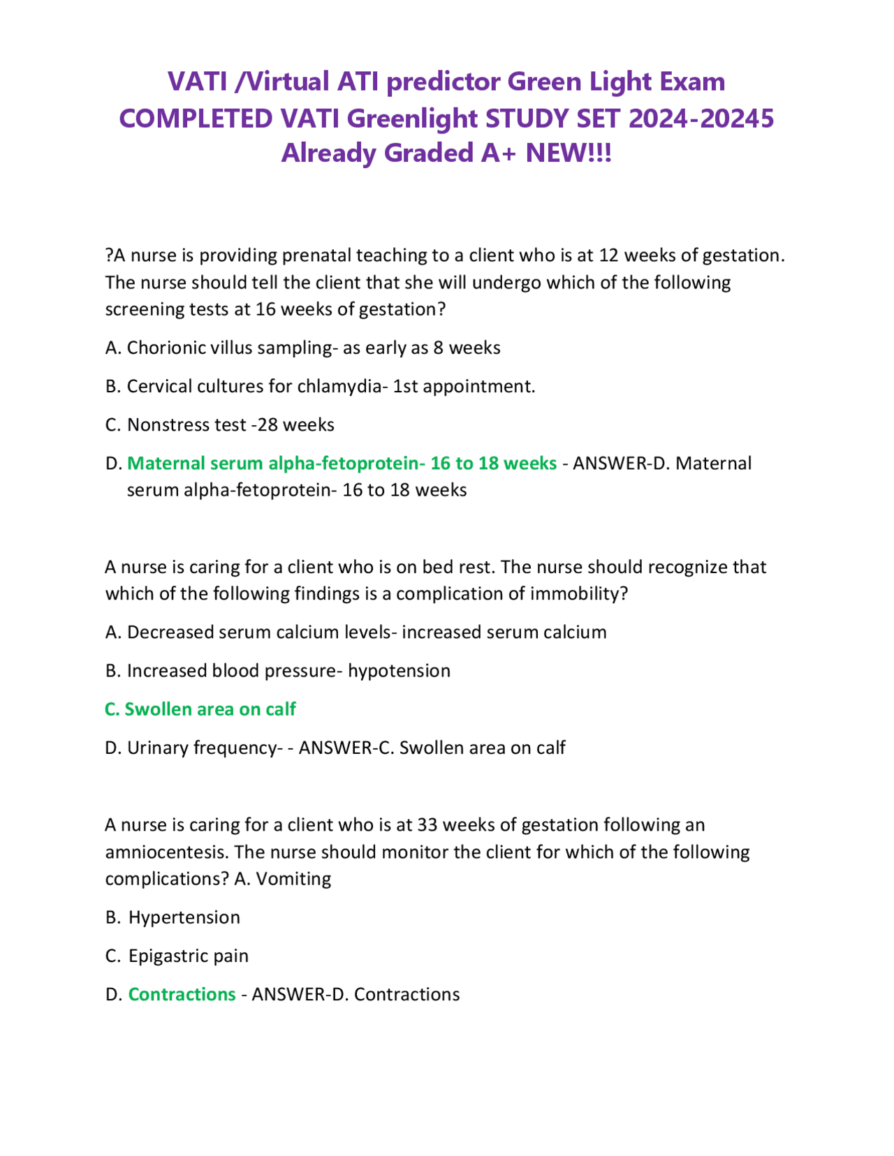 VATI /Virtual ATI predictor Green Light Exam COMPLETED VATI Greenlight STUDY SET 2024-2025 ...
