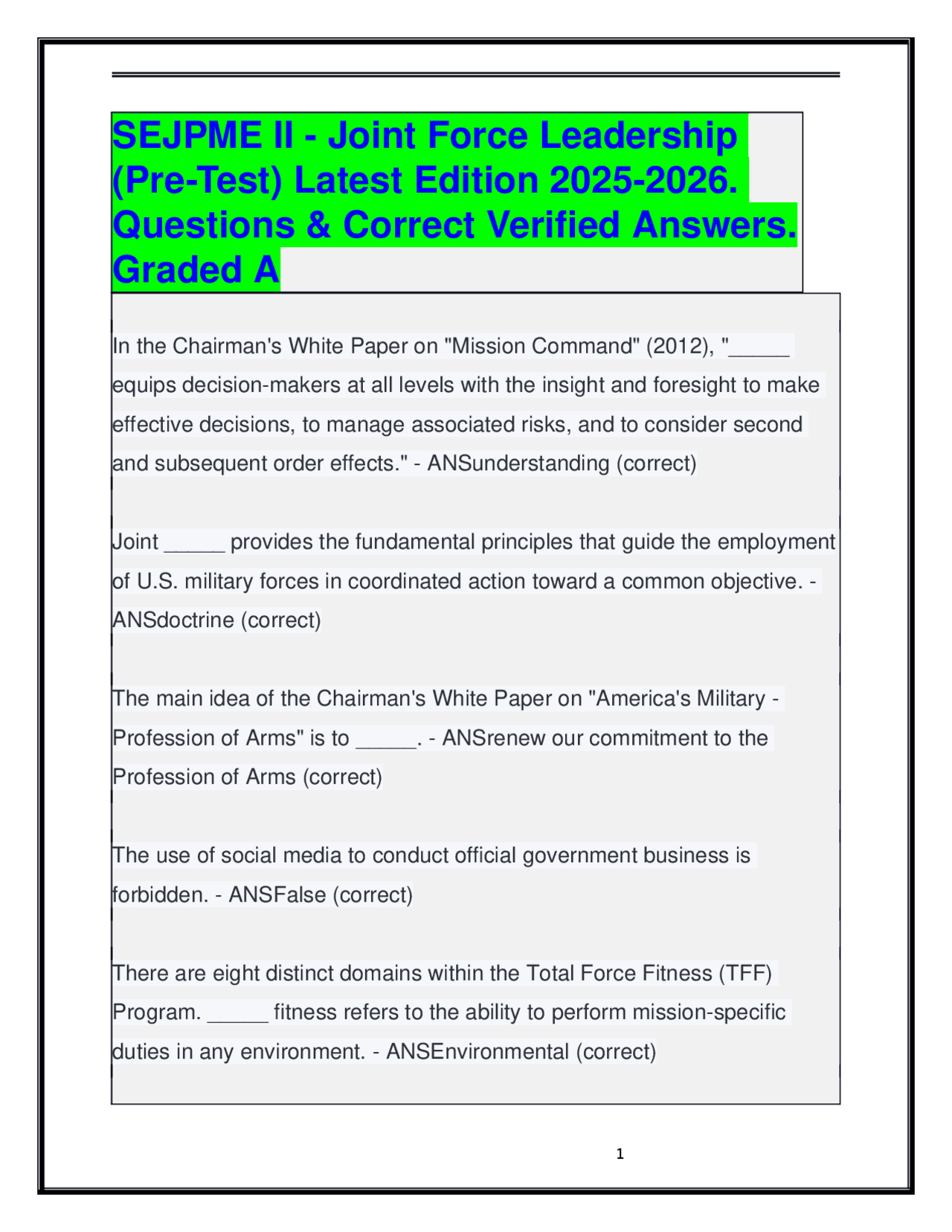 SEJPME II - Joint Force Leadership (Pre-Test) Latest Edition 2025-2026 ...