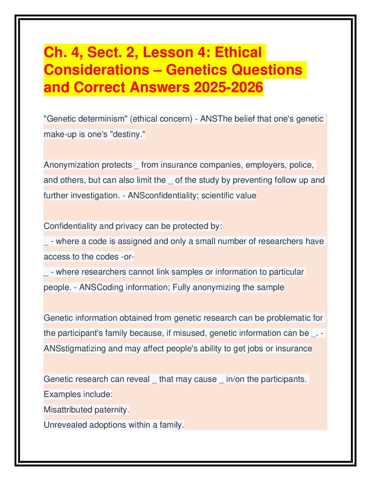 Ch. 4, Sect. 2, Lesson 4: Ethical Considerations–Genetics Q&A 2025-2026 ...