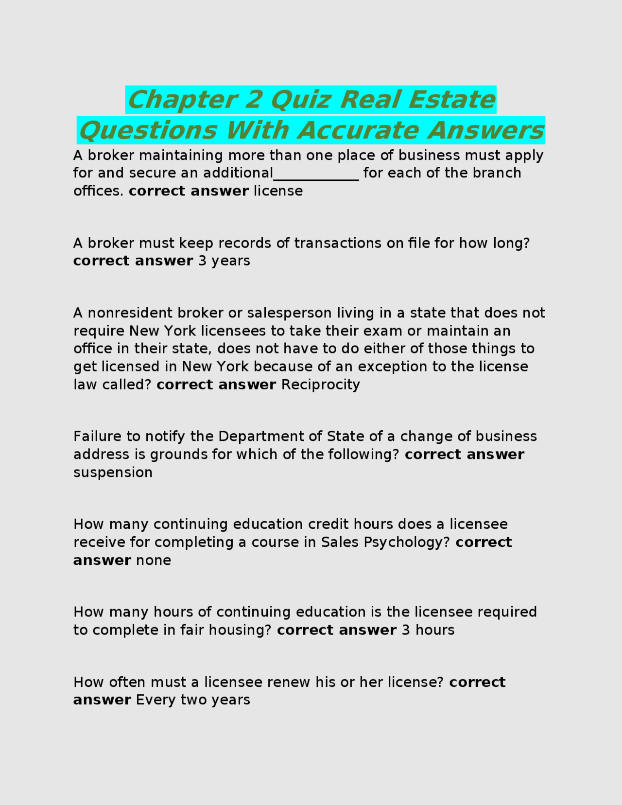 Real Estate Licensing Exam Questions and Answers | Exams Real Estate ...