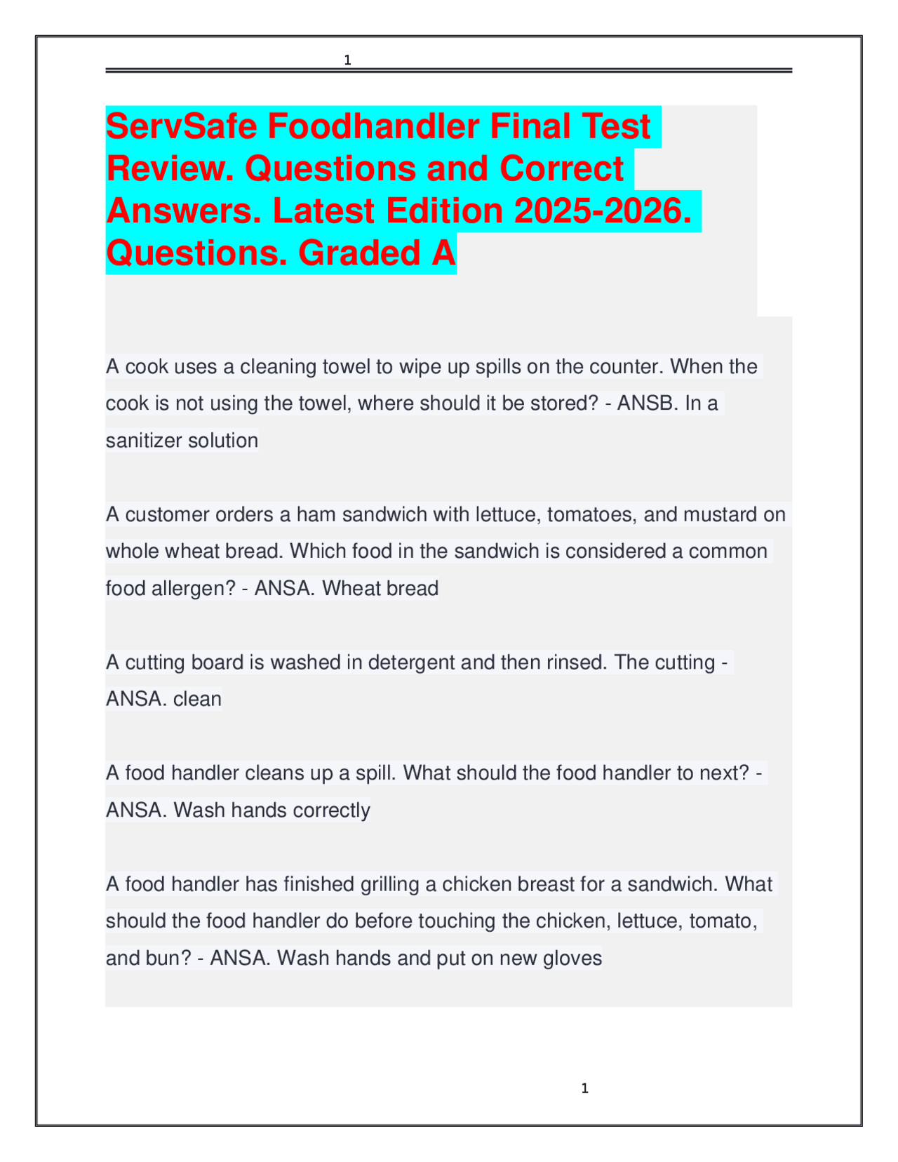 ServSafe Foodhandler Final Test Review: Questions and Answers 2025-2026 ...