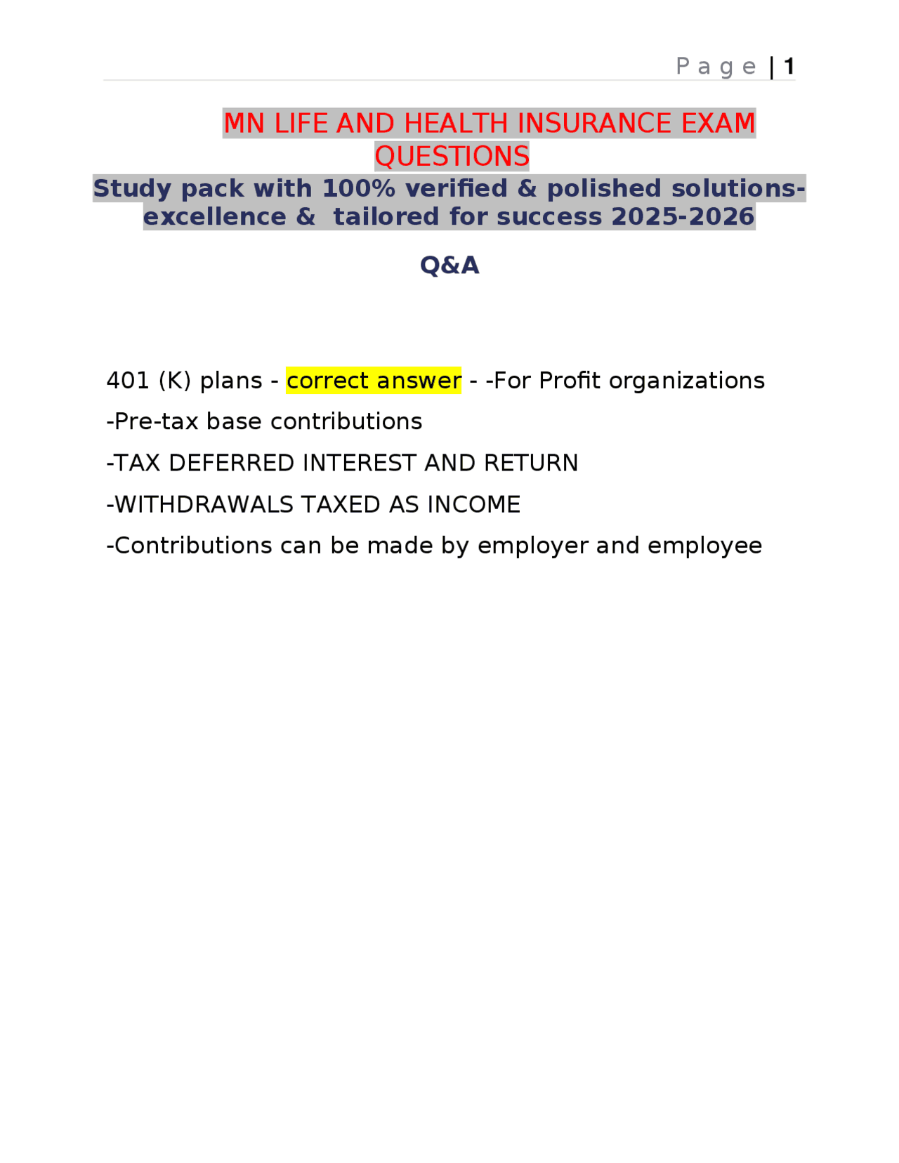 MN LIFE AND HEALTH INSURANCE EXAM QUESTIONS Study pack with 100% ...