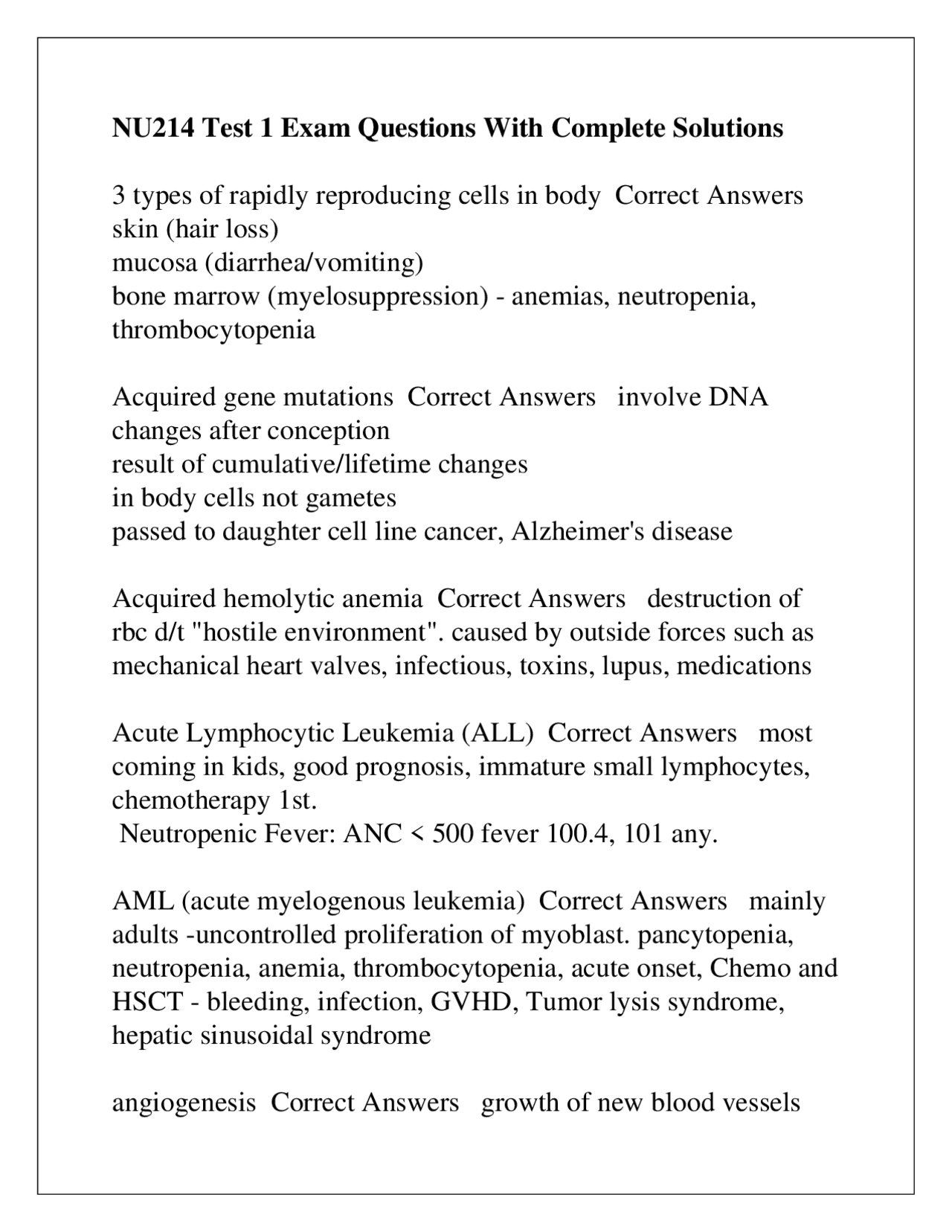 Hematology and Oncology Exam Questions with Complete Solutions | Exams ...
