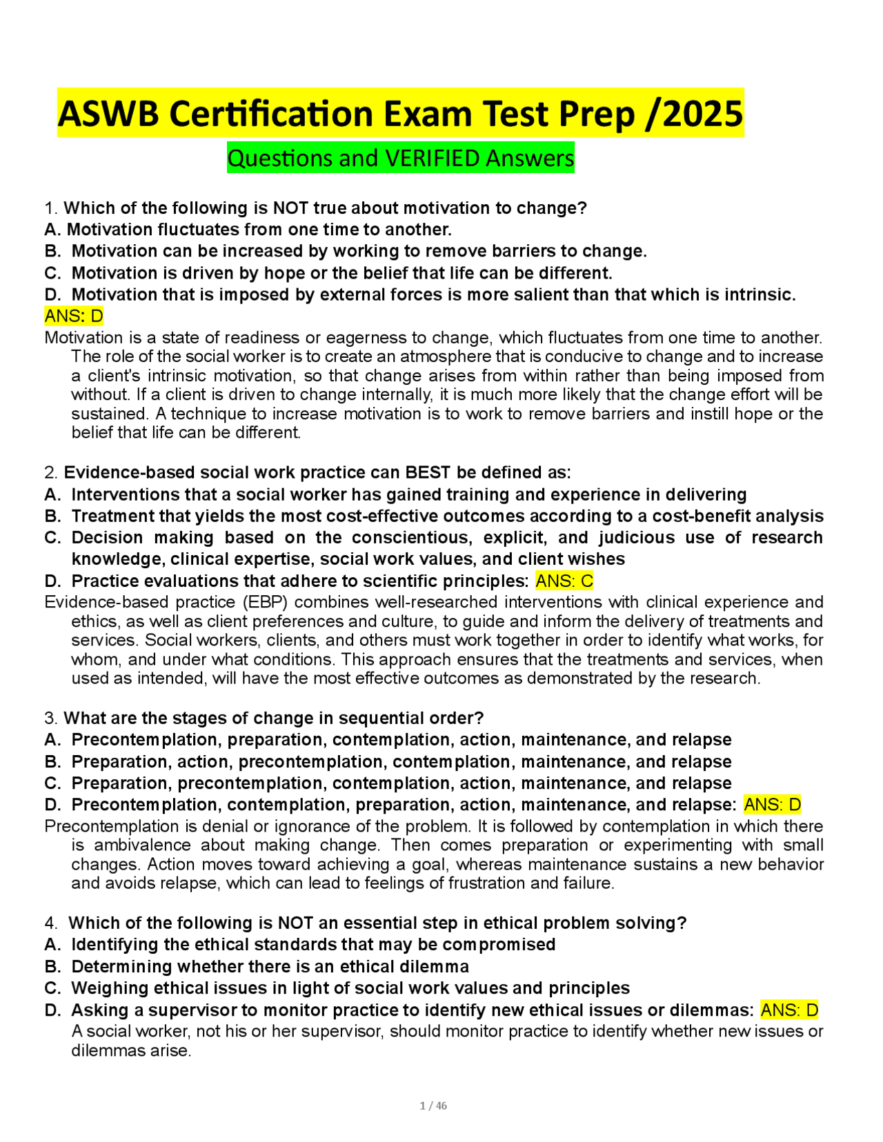 ASWB Certification Exam Prep: Questions and Verified Answers for Social ...