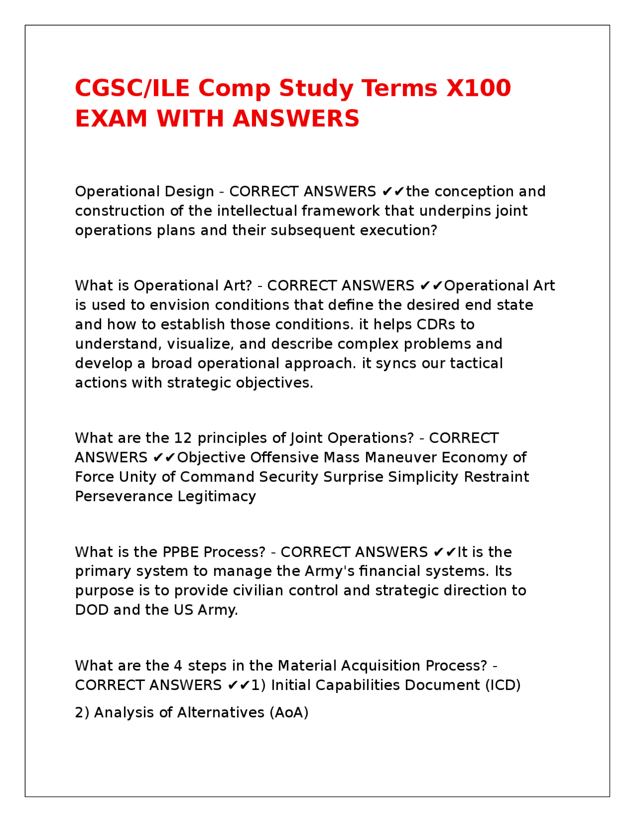 CGSC/ILE Operational Design Study Guide: Key Terms and Answers | Exams ...