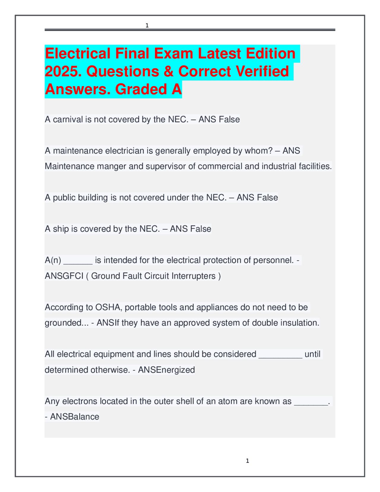 Electrical Engineering Final Exam: NEC and Safety Standards | Exams ...