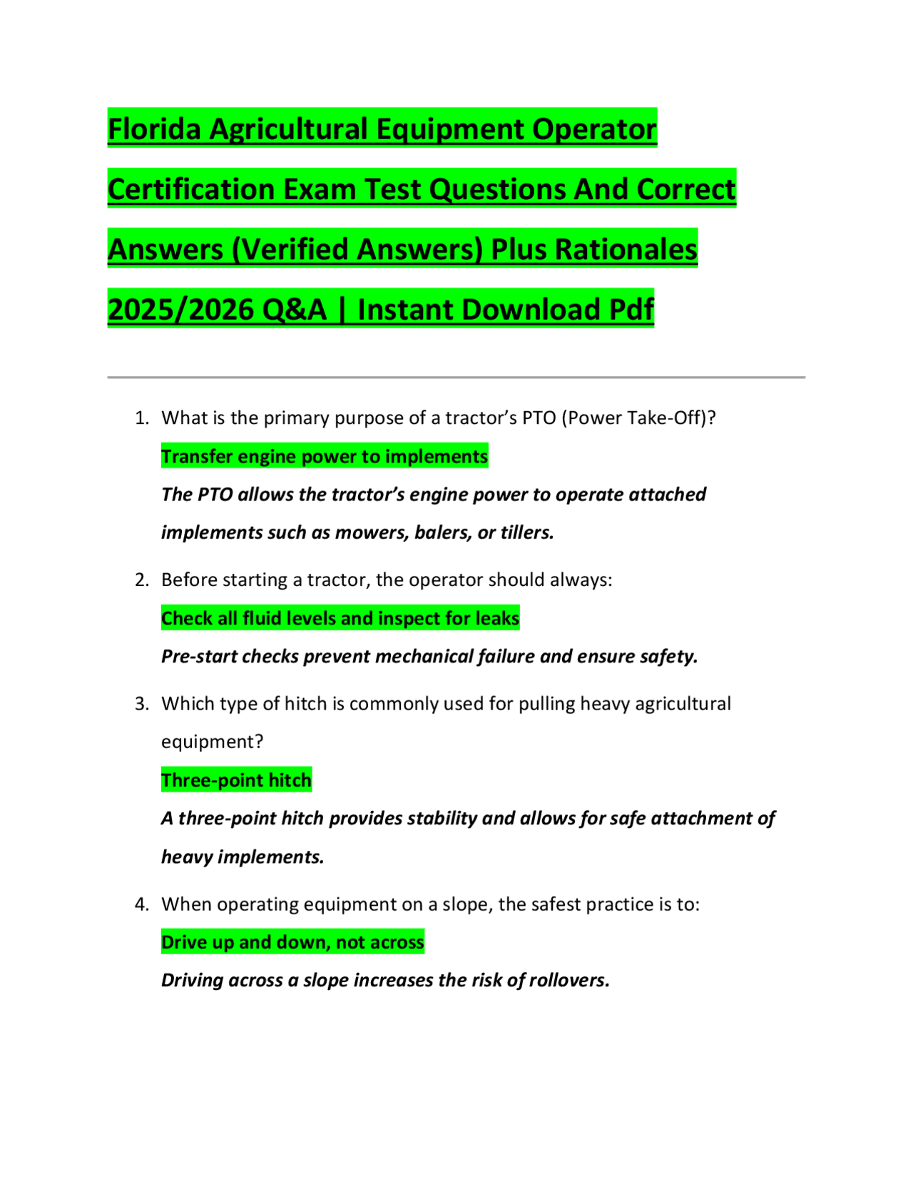 Florida Agricultural Equipment Operator Certification Exam Test ...