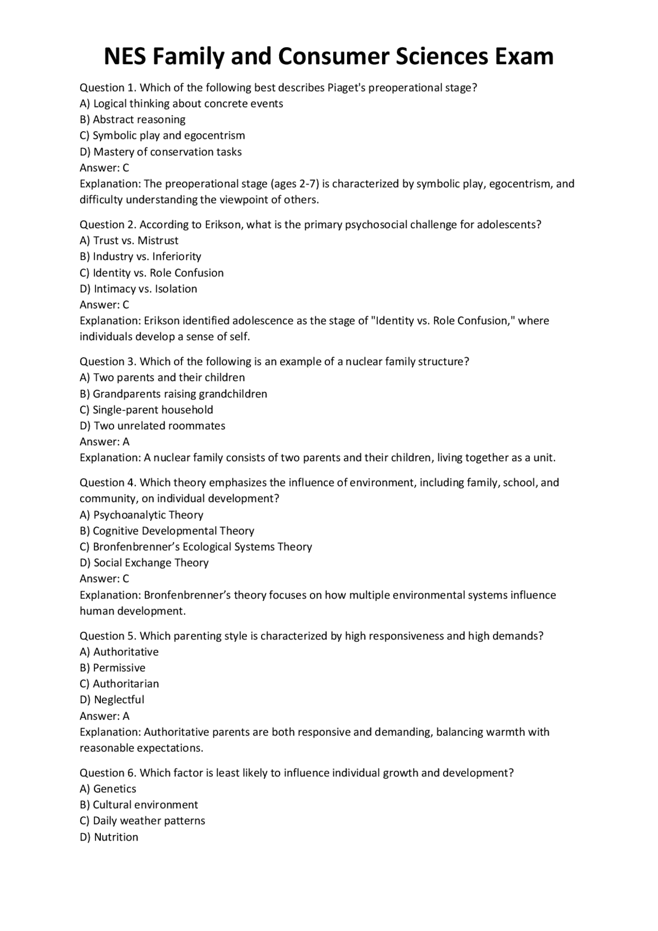 NES Family and Consumer Sciences Exam | Exams Technology | Docsity