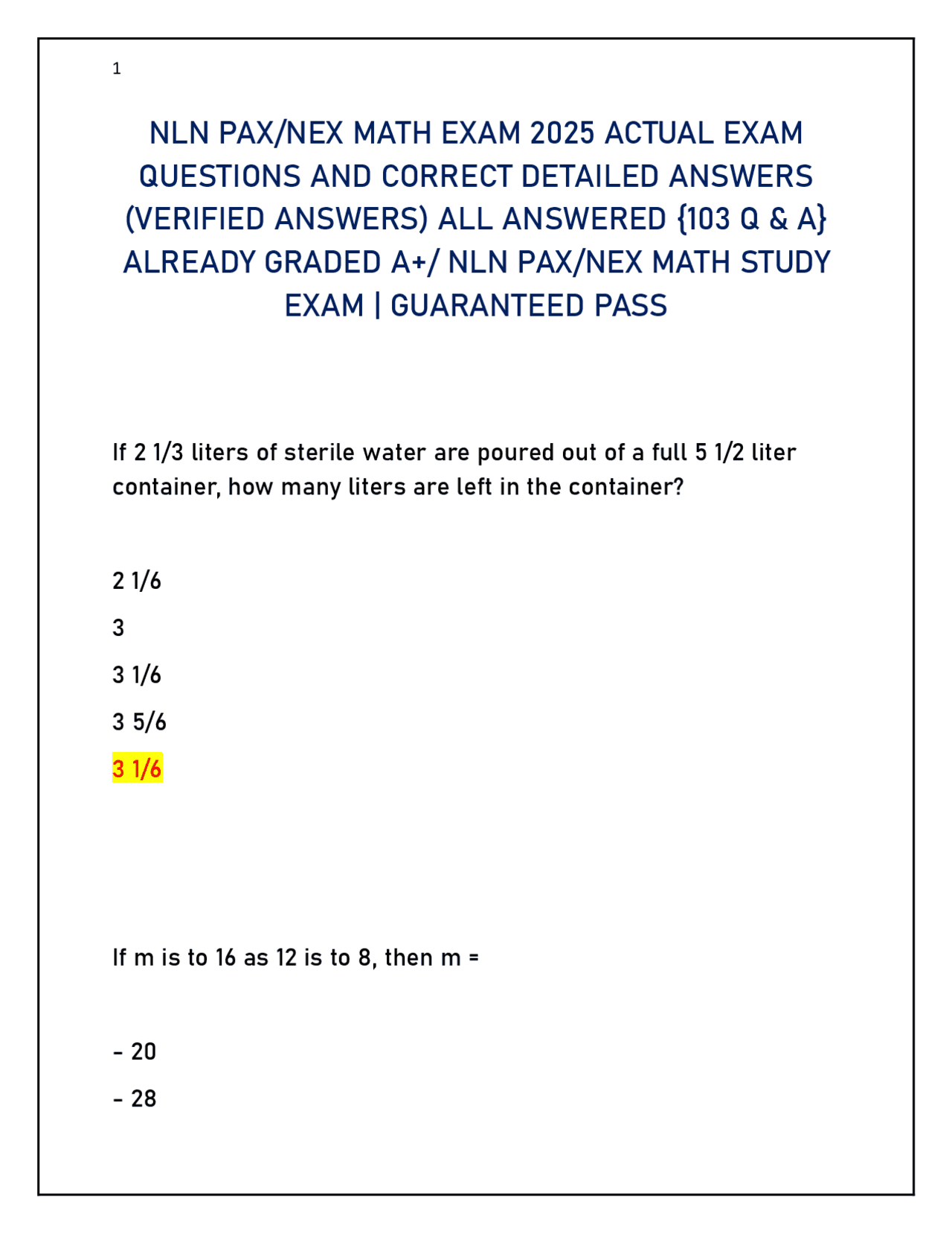 NLN PAX/NEX MATH EXAM 2025 ACTUAL EXAM QUESTIONS AND CORRECT DETAILED ...