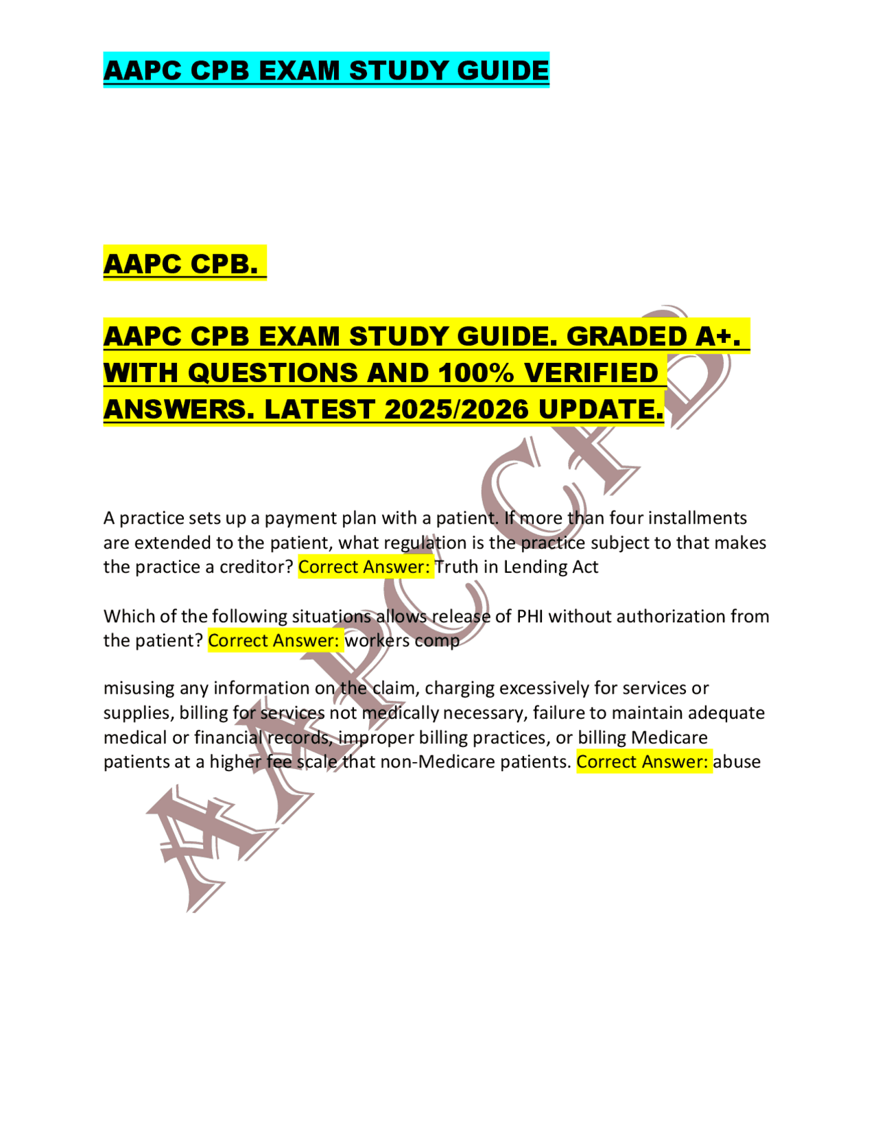 AAPC CPB EXAM STUDY GUIDE AAPC CPB. AAPC CPB EXAM STUDY GUIDE. GRADED ...