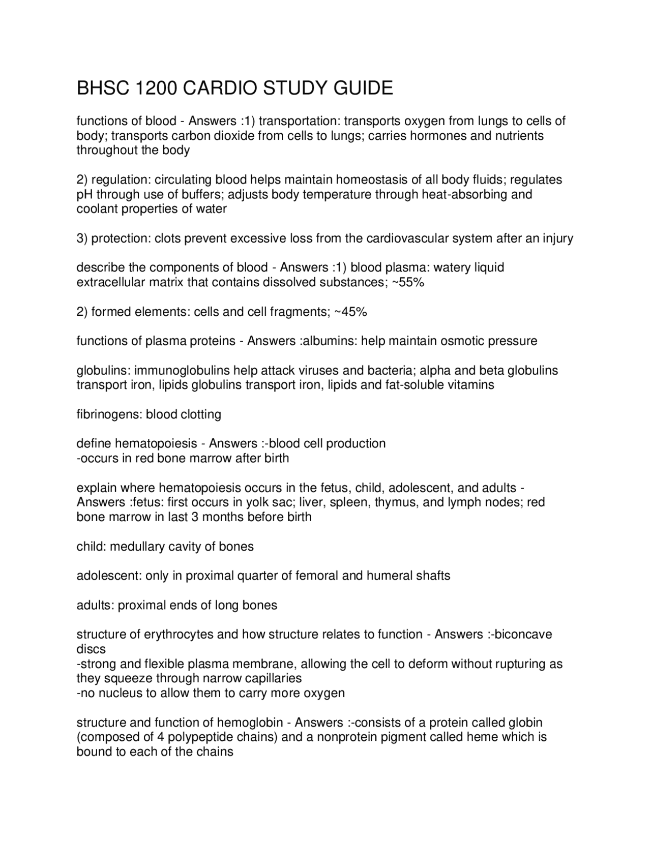 BHSC 1200 CARDIO STUDY GUIDE | Exams Social Sciences | Docsity