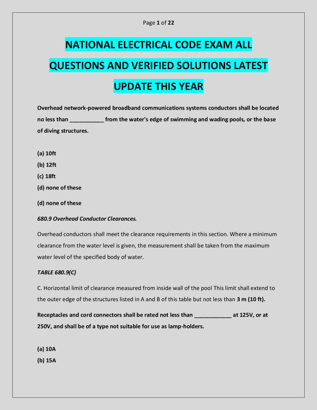 NATIONAL ELECTRICAL CODE EXAM ALL QUESTIONS AND VERIFIED SOLUTIONS ...