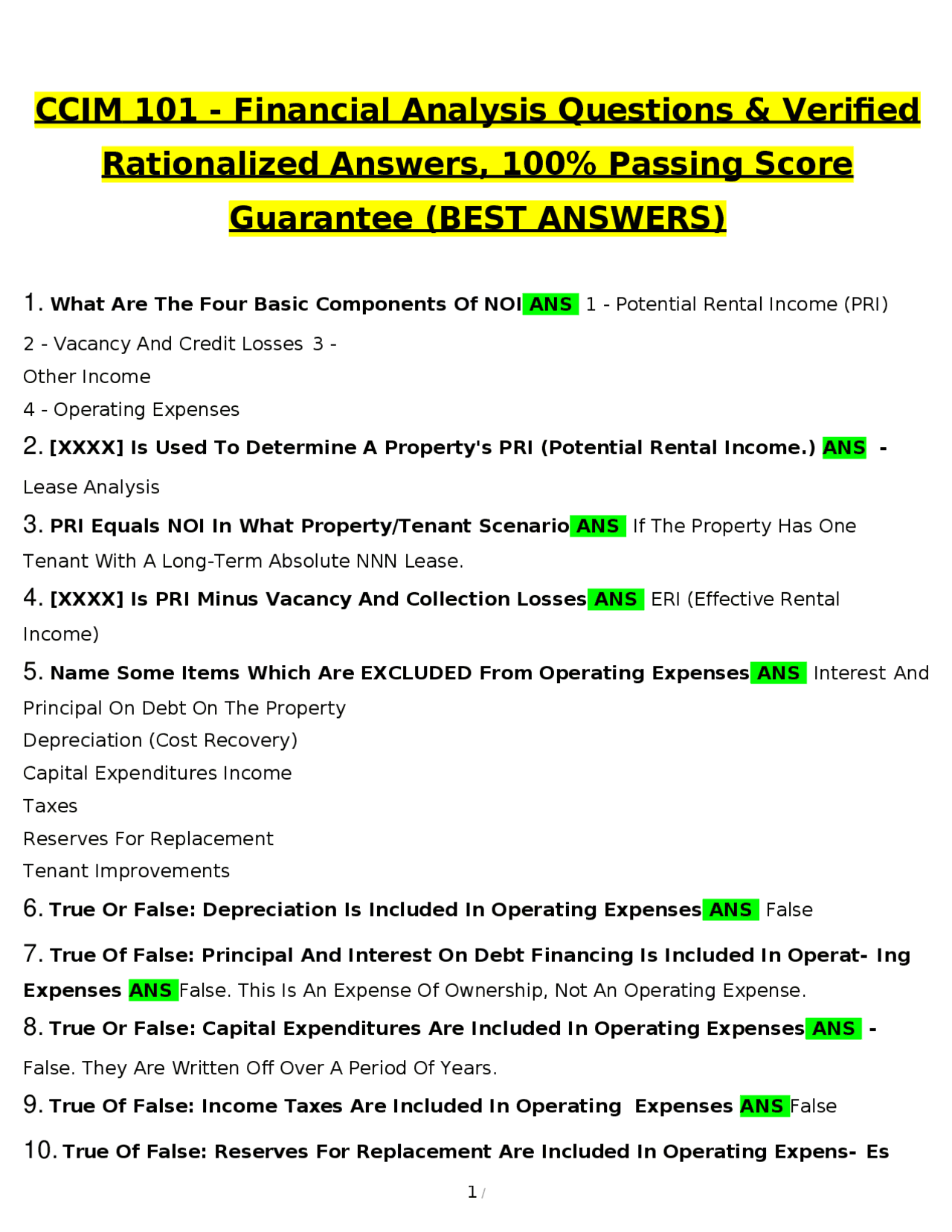 CCIM 101 – Financial Analysis Questions & Verified Rationalized Answers ...