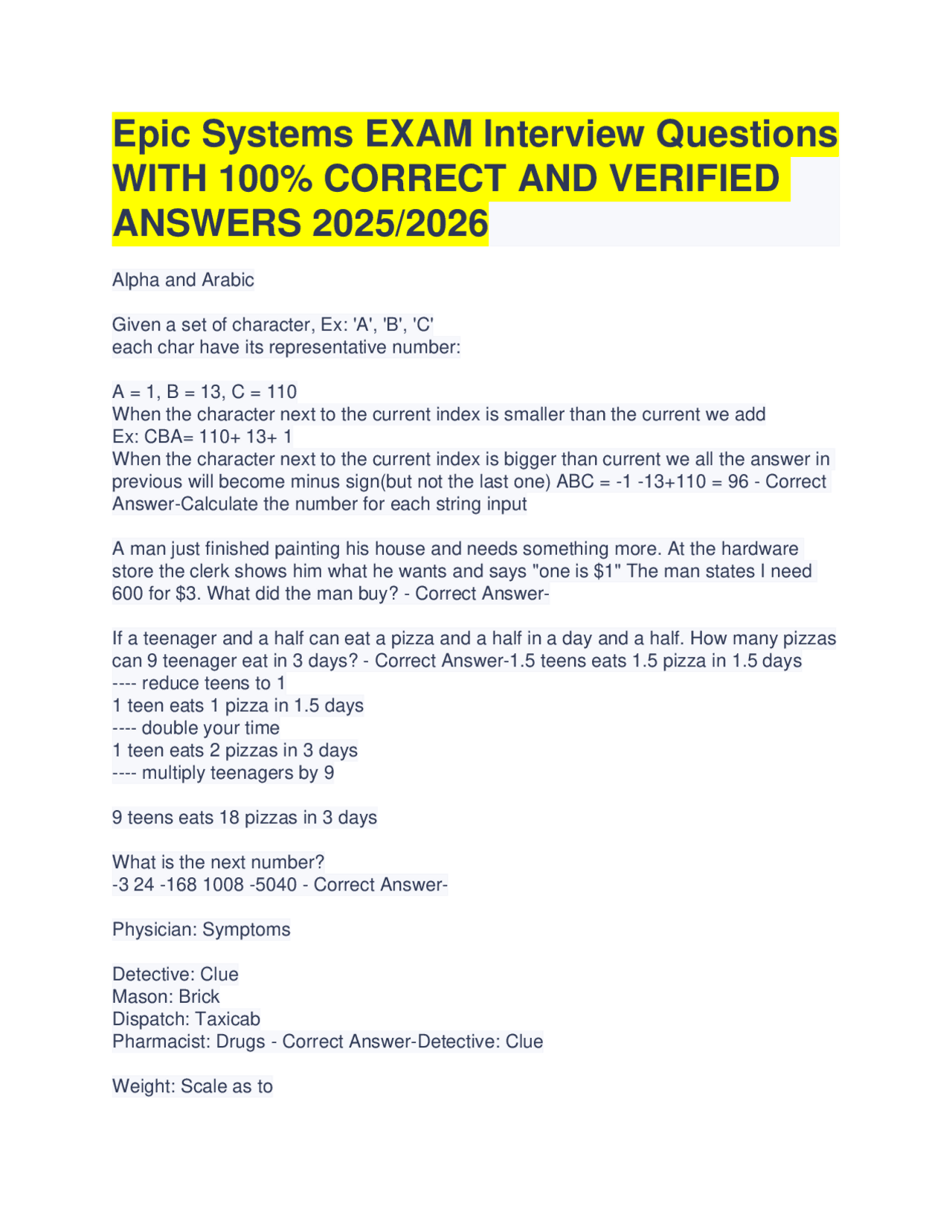 Epic Systems EXAM Interview Questions WITH 100% CORRECT AND VERIFIED ...