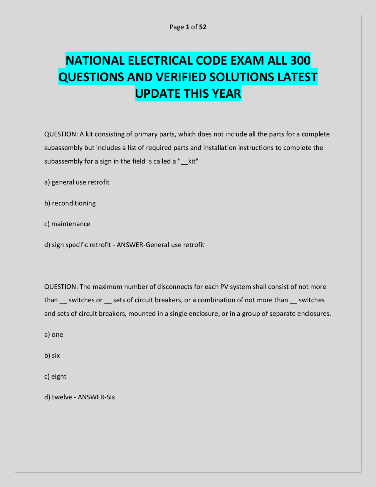 NATIONAL ELECTRICAL CODE EXAM ALL 300 QUESTIONS AND VERIFIED SOLUTIONS ...