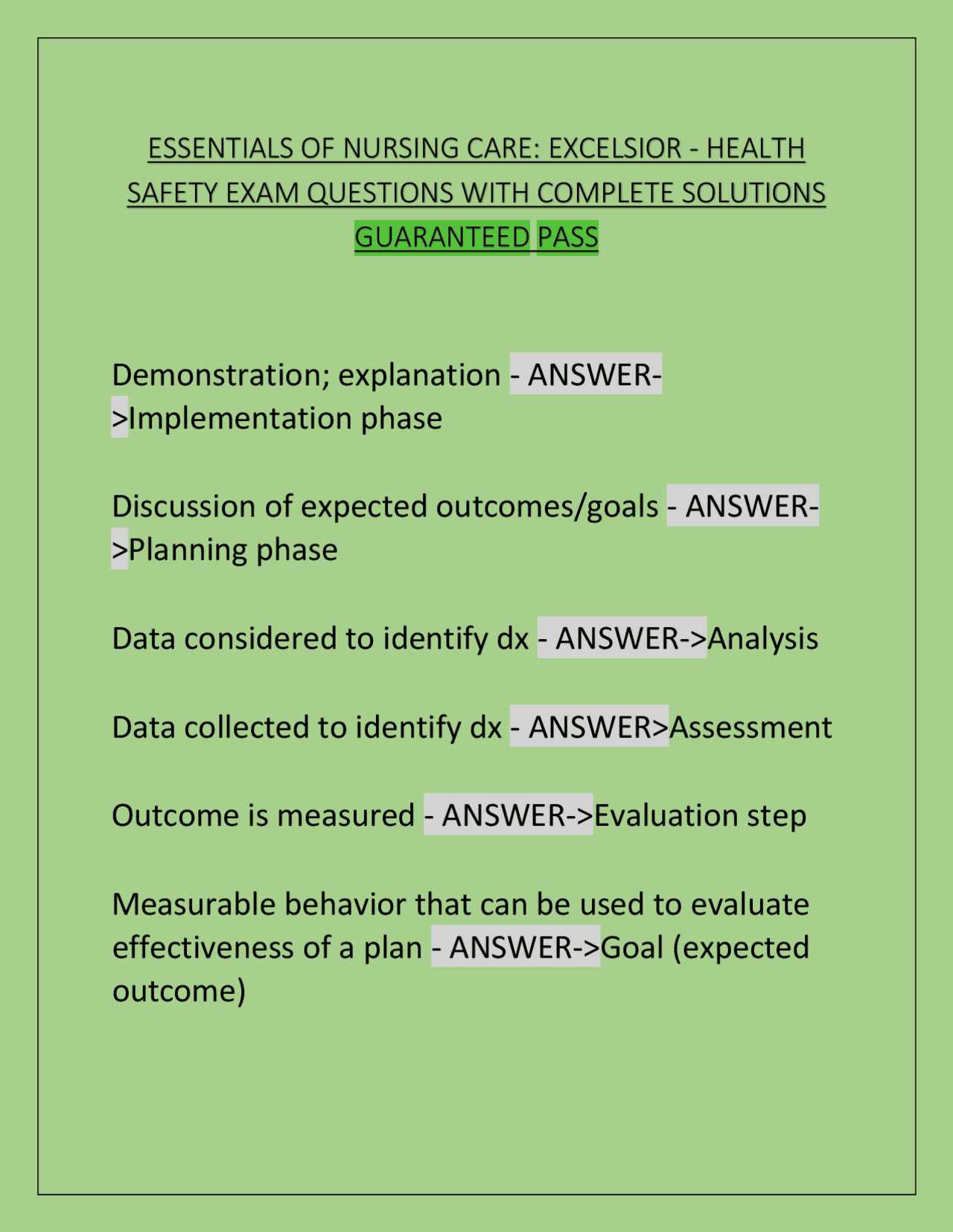 ESSENTIALS OF NURSING CARE: EXCELSIOR - HEALTH SAFETY EXAM QUESTIONS ...