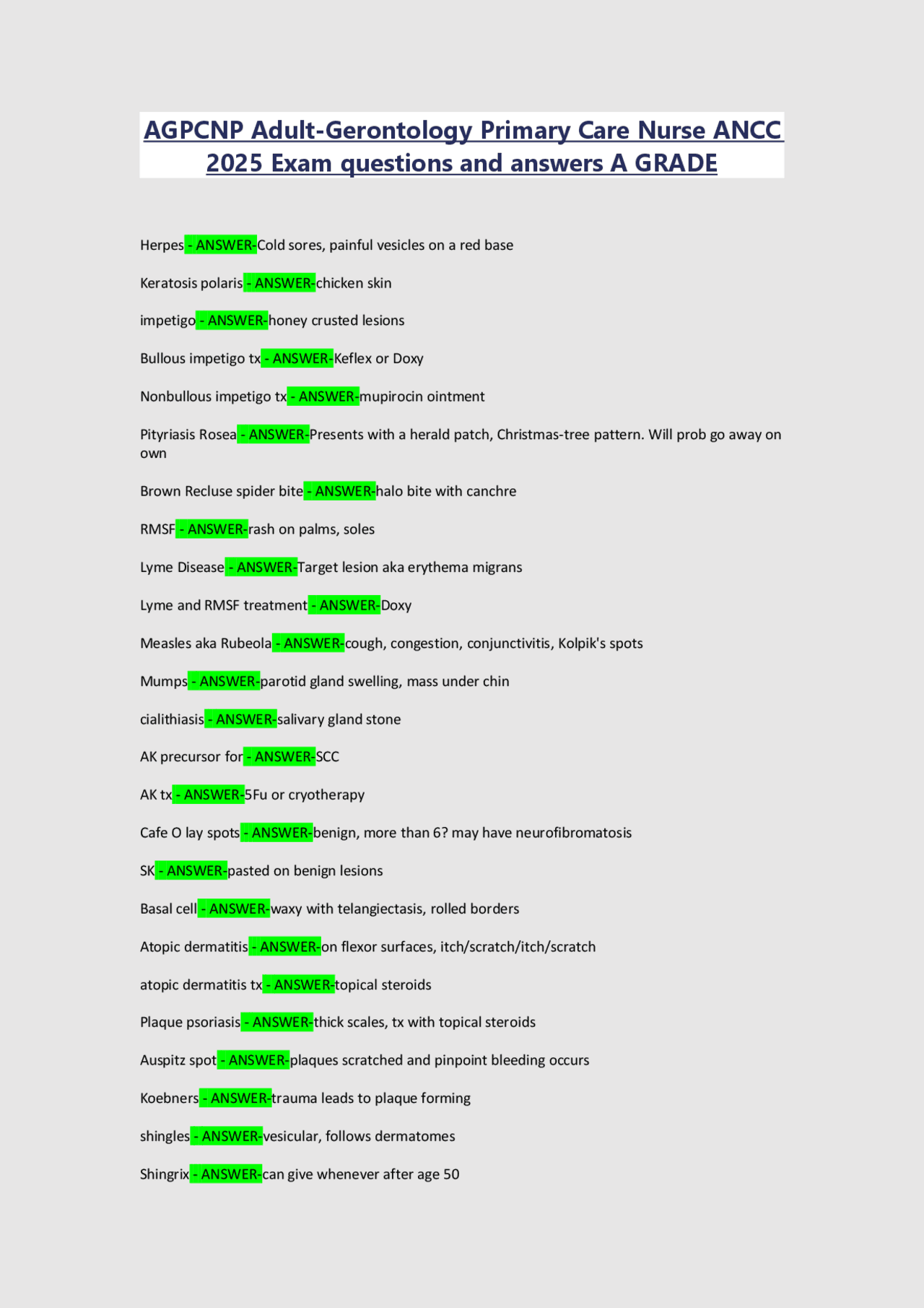 AGPCNP Adult-Gerontology Primary Care Nurse ANCC 2025 Exam questions ...