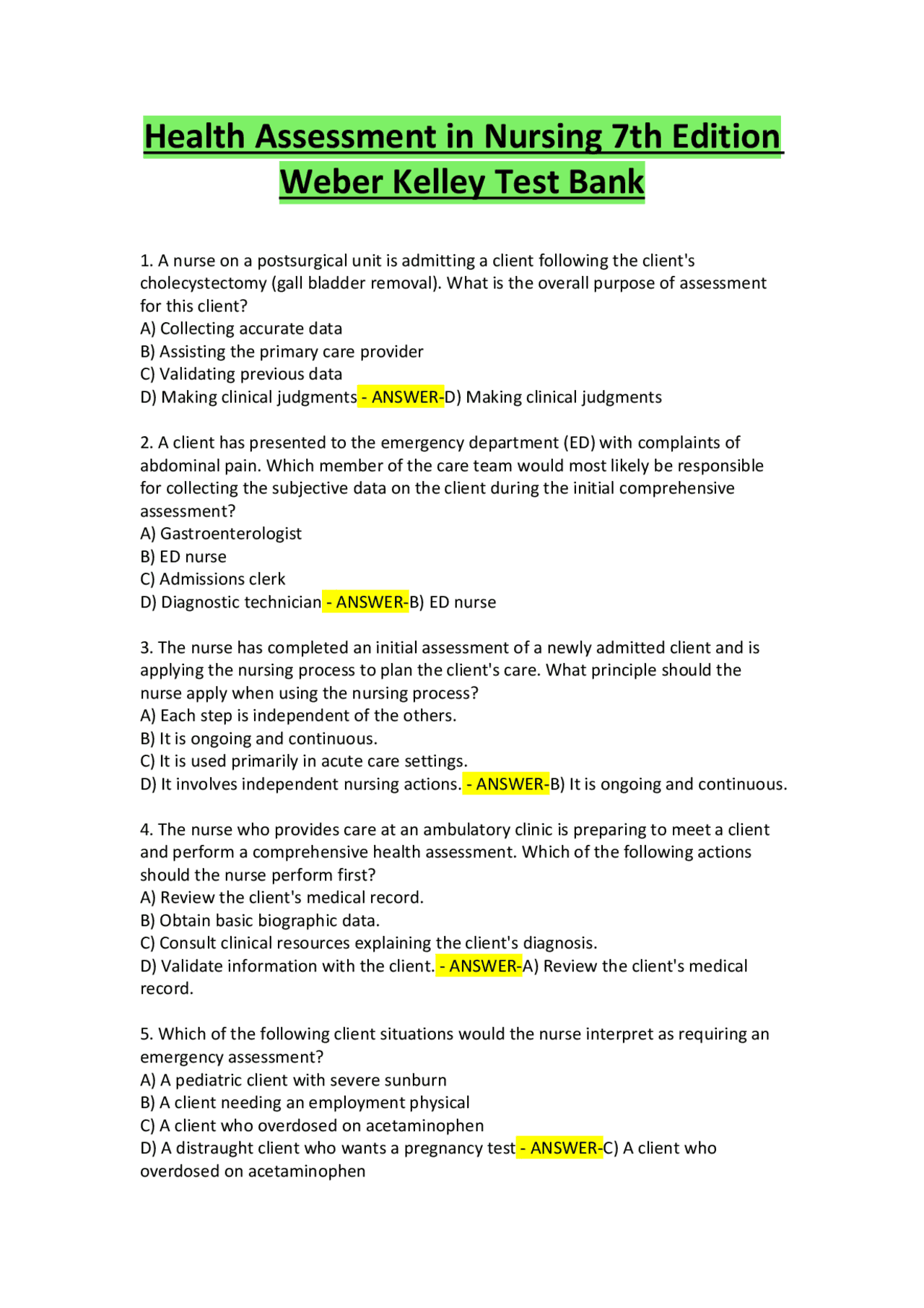 Health Assessment in Nursing 7th Edition Weber Kelley Test Bank | Exams ...